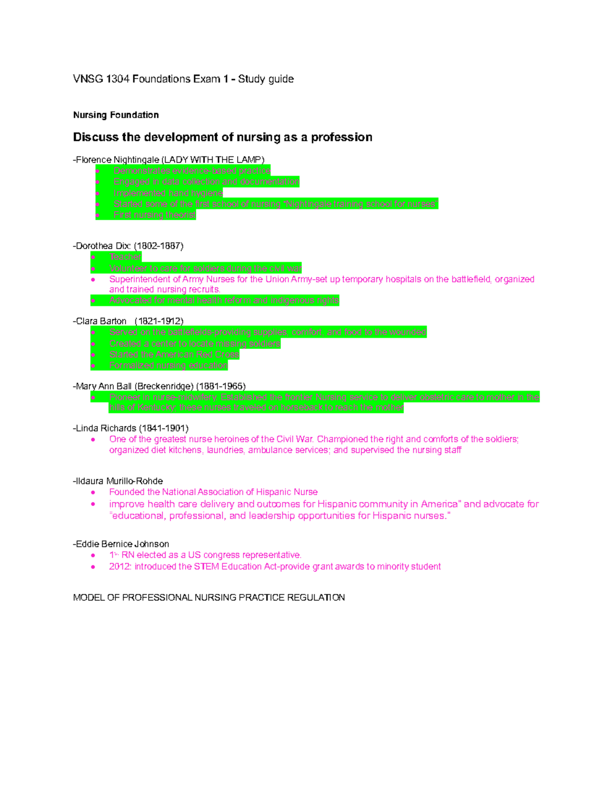 Exam 1 foundations - study guide - VNSG 1304 Foundations Exam 1 - Study ...