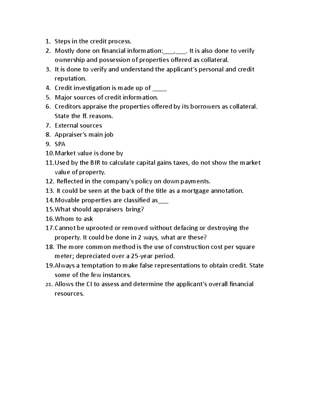 Credit Questions - Essay type - Steps in the credit process. Mostly ...