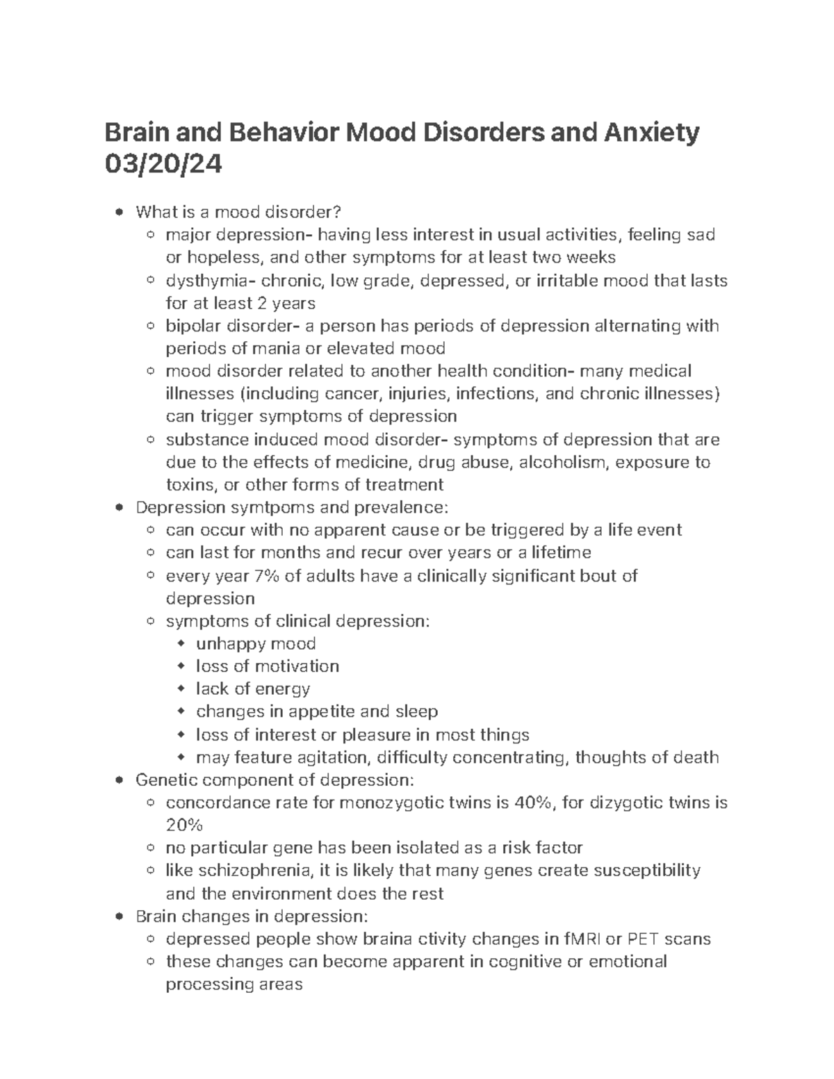 Mood Disorders and Anxiety - Brain and Behavior Mood - Studocu