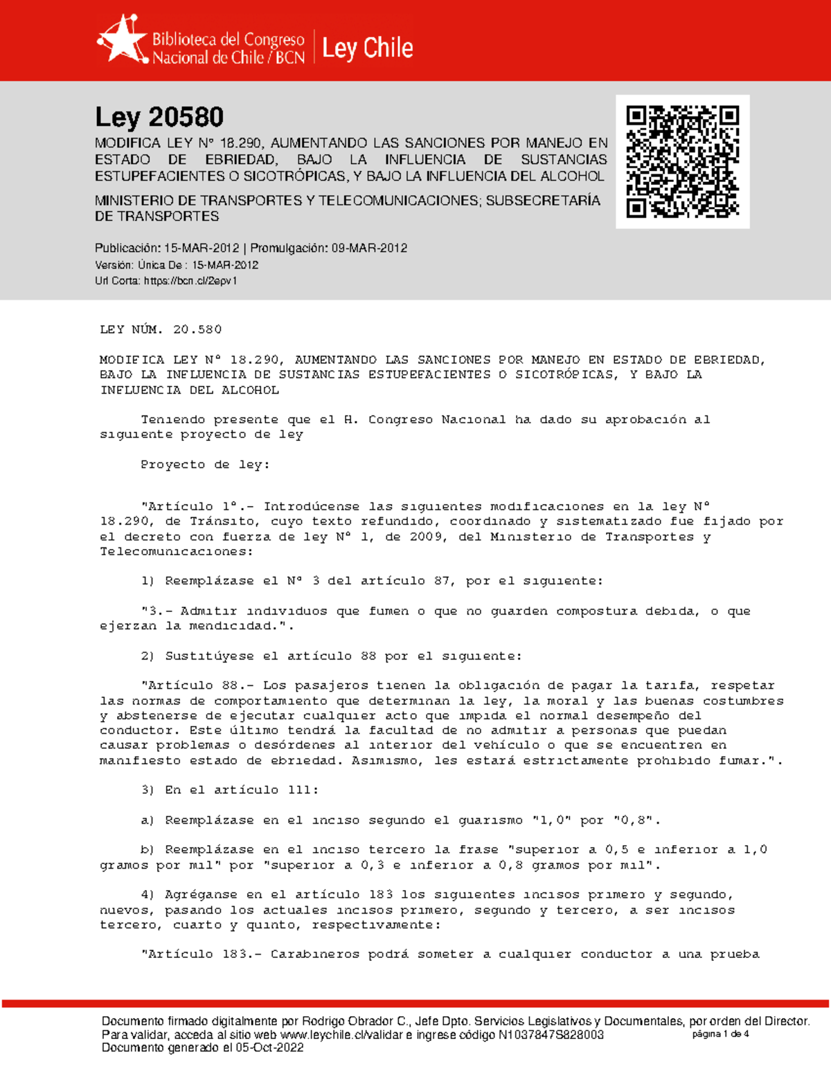 Ley 20.580. Modifica LEY N° 18.290. Modifica LEY N° 18.290, Aumentando ...