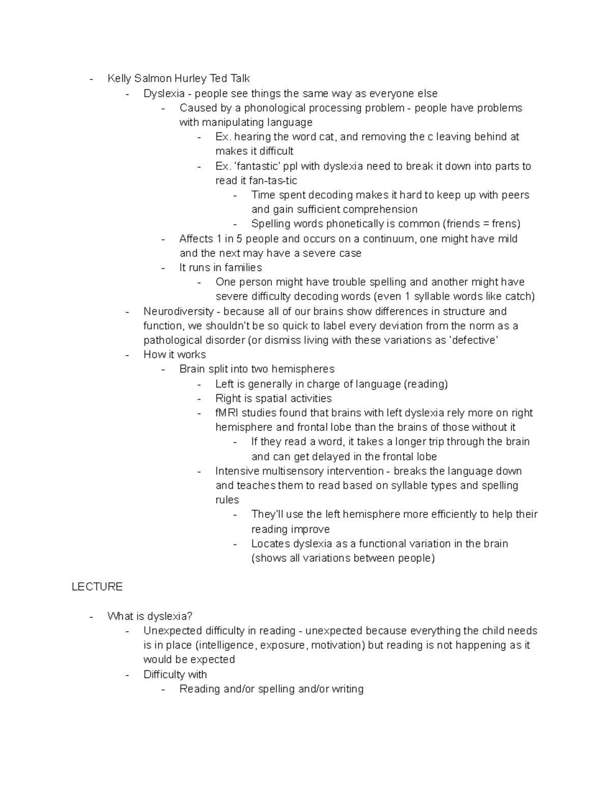Dyslexia Lecture Notes for Quiz - Kelly Salmon Hurley Ted Talk Dyslexia ...