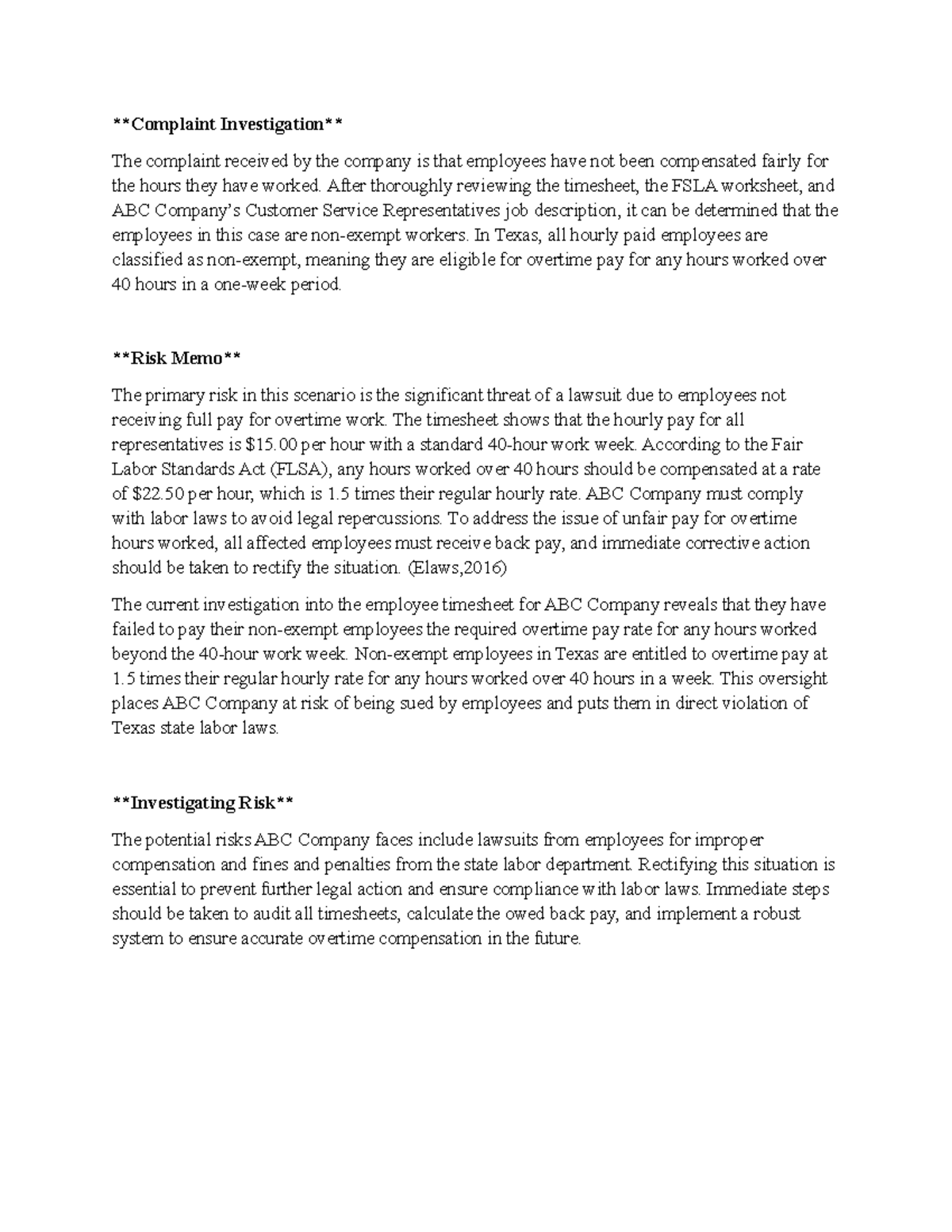 Milestone 1-HRM-225-Memo Risk - Complaint Investigation The complaint ...