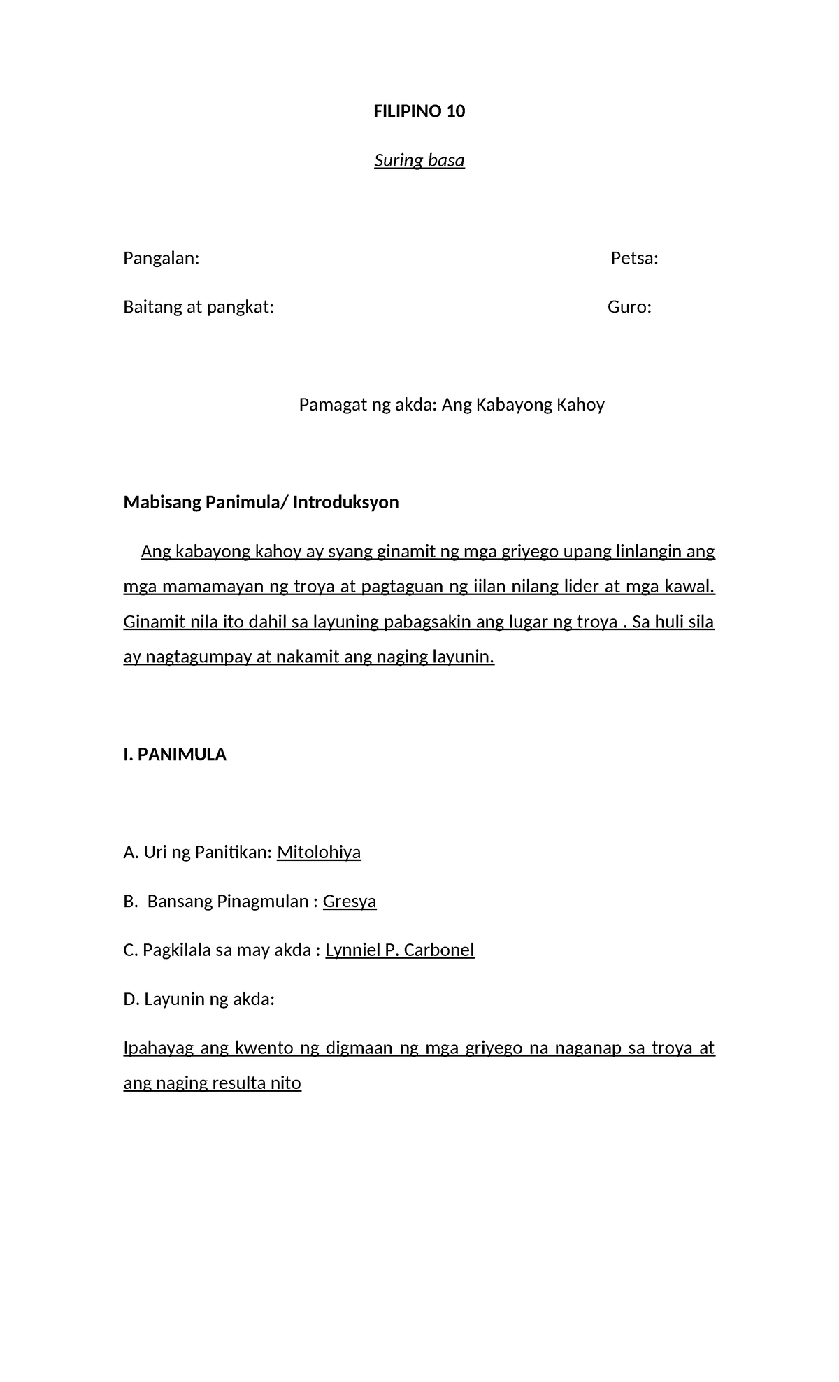 Vienna Fil docs - none - FILIPINO 10 Suring basa Pangalan: Petsa ...