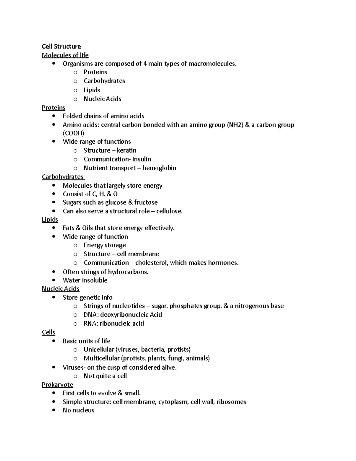Cell Structure lecture - Cell Structure Molecules of life Organisms are ...