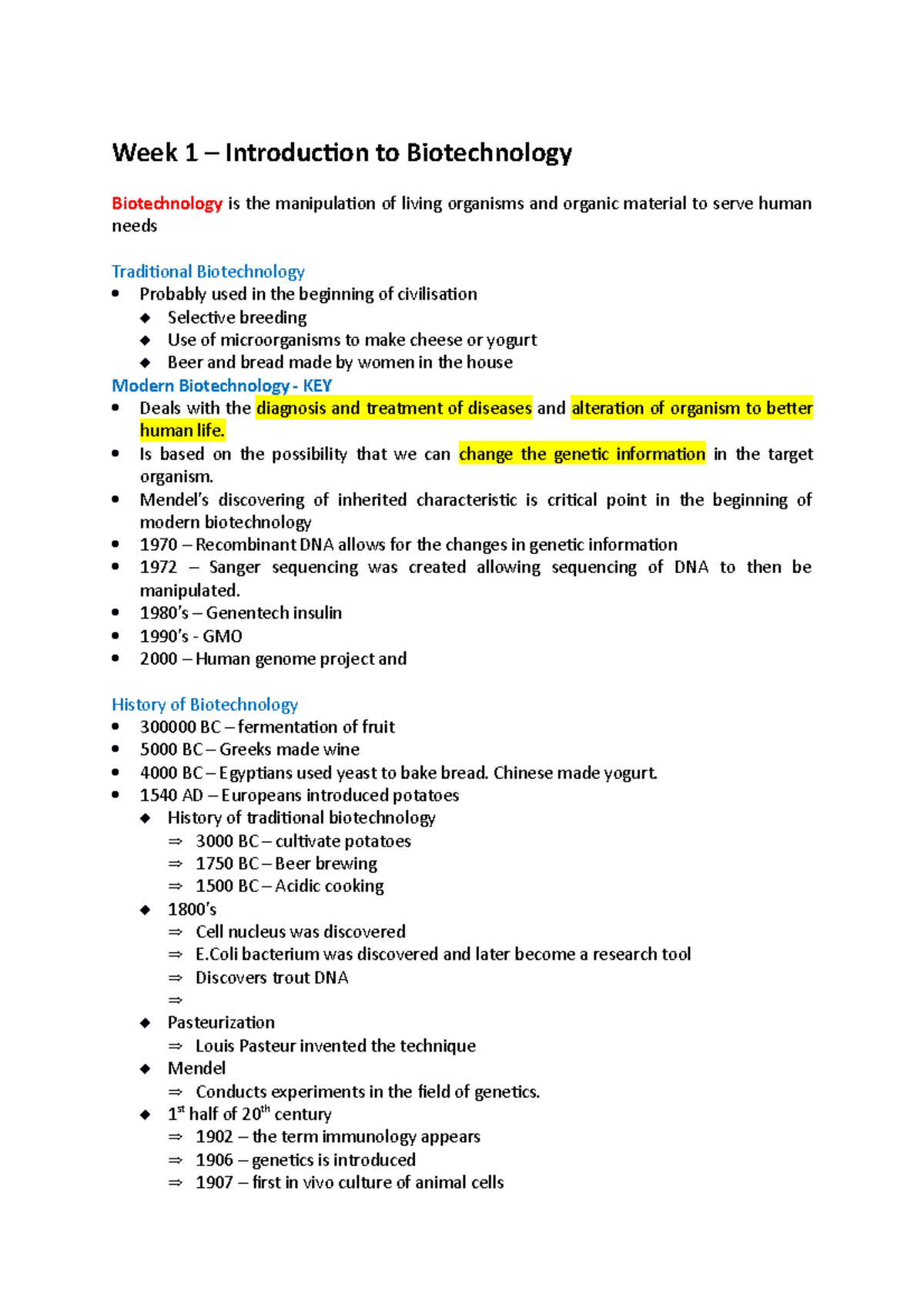 Biotechnology notes - Week 1 – Introduction to Biotechnology ...
