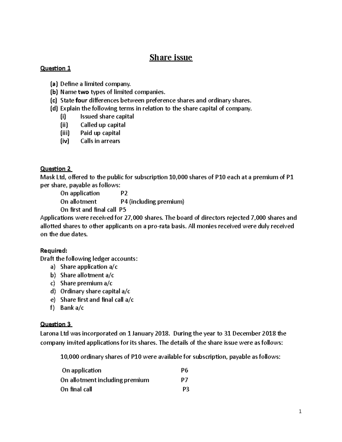 2022 ACC 311 Share Issue - Share issue Question 1 (a) Define a limited ...