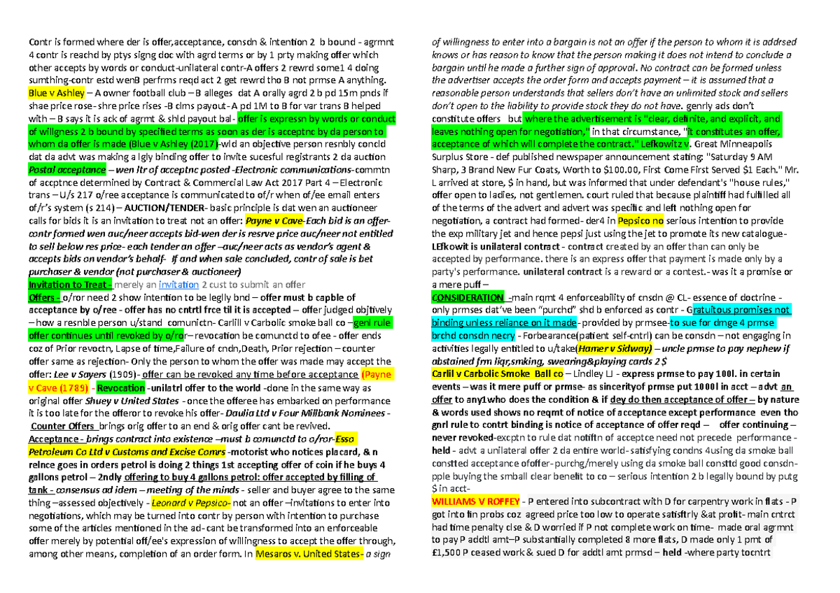 Exam notes - cheat sheet - Contr is formed where der is offer ...