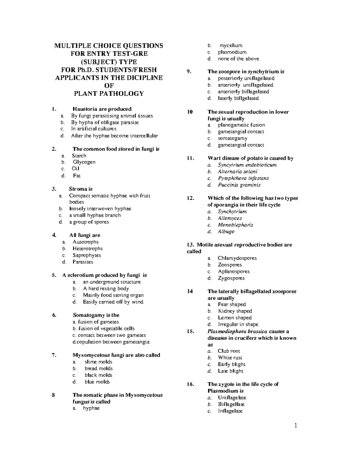 Plant Pathology - GOOD NOTES - MULTIPLE CHOICE QUESTIONS FOR ENTRY TEST ...