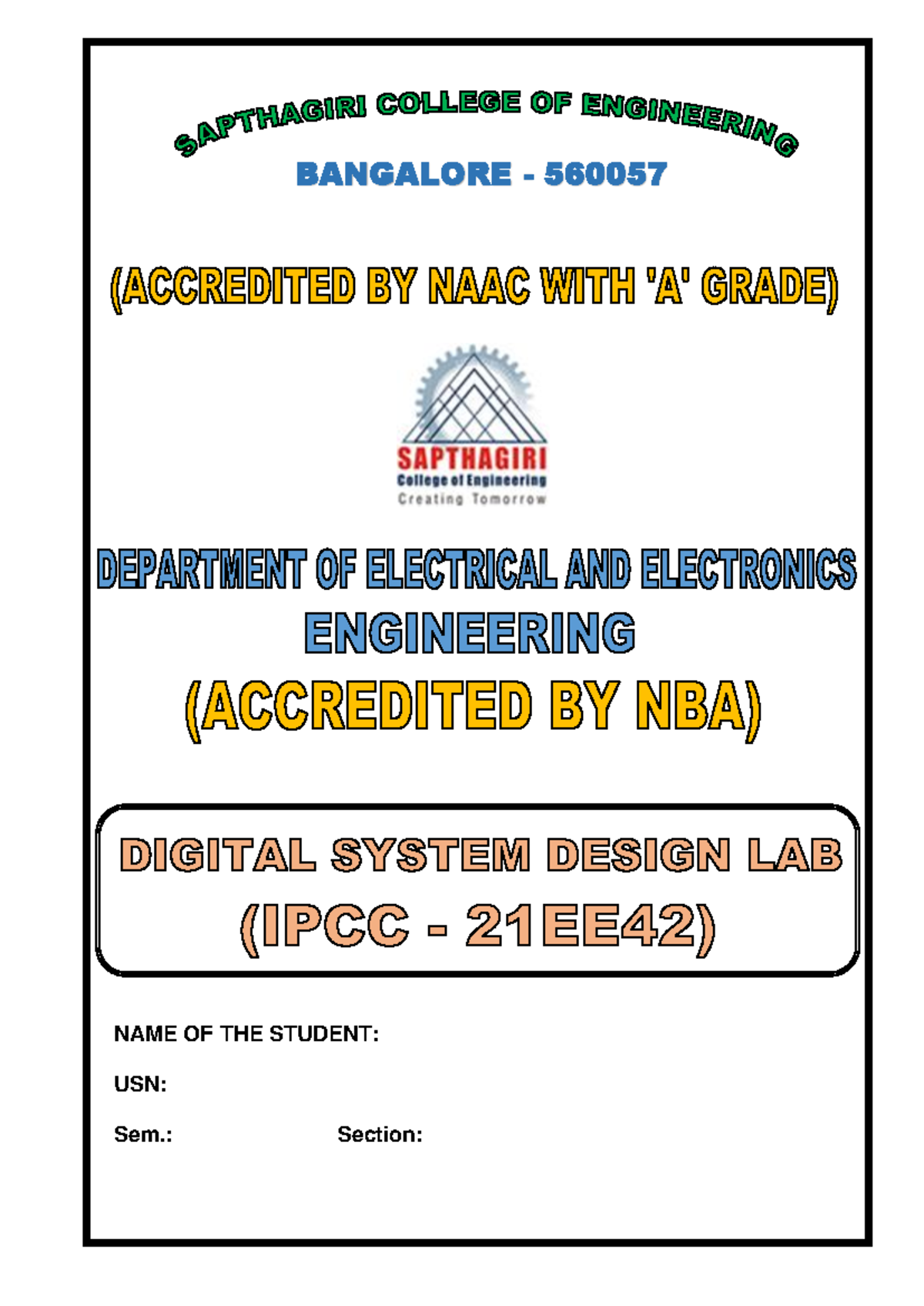 Lab Manual- 21EE42 - Digital System Design Lab Part - NAME OF THE STUDENT: USN: Sem.: Section ...
