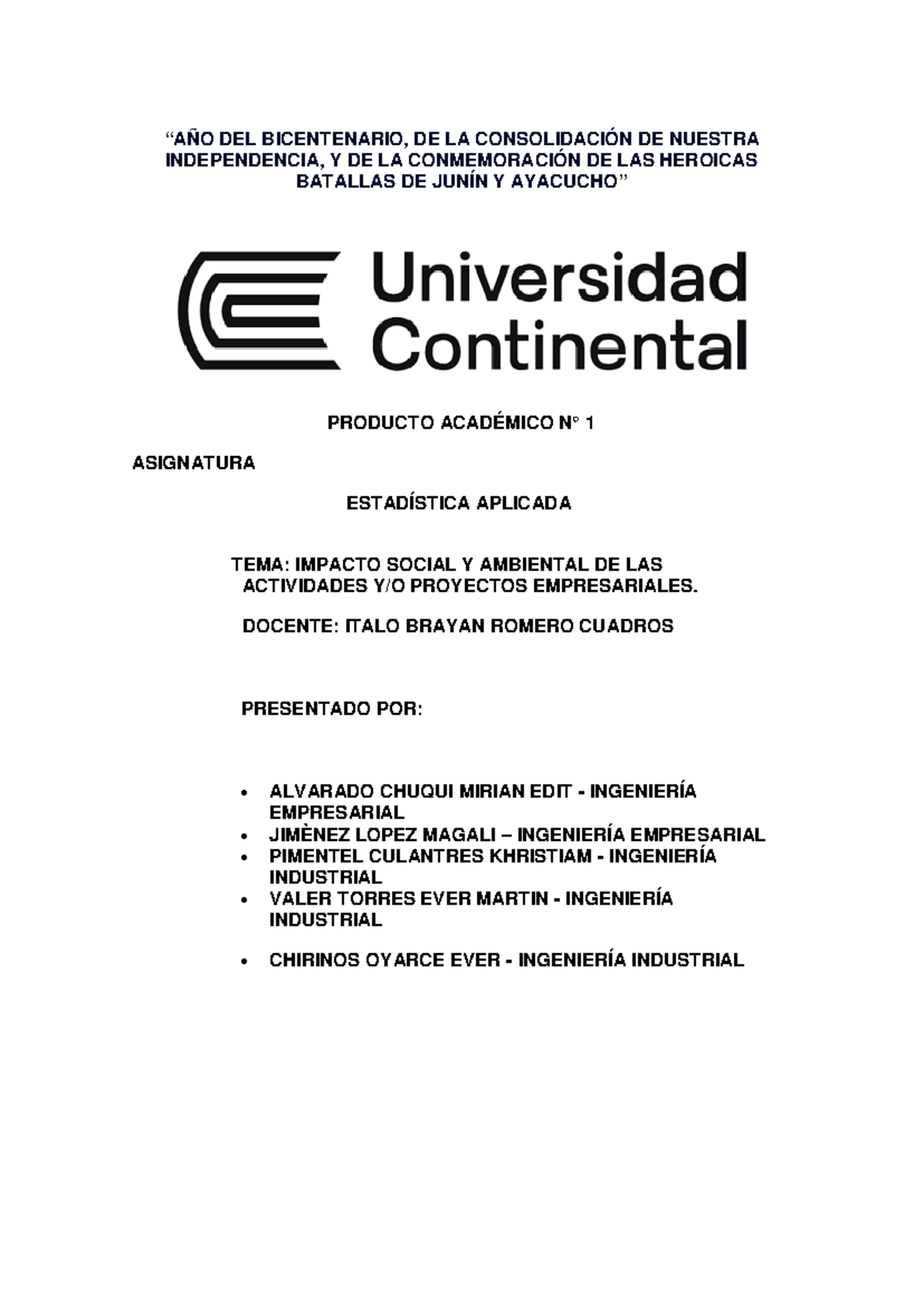 Producto Académico N1 Estadistica Aplicada - “AÑO DEL BICENTENARIO, DE LA CONSOLIDACIÓN DE ...