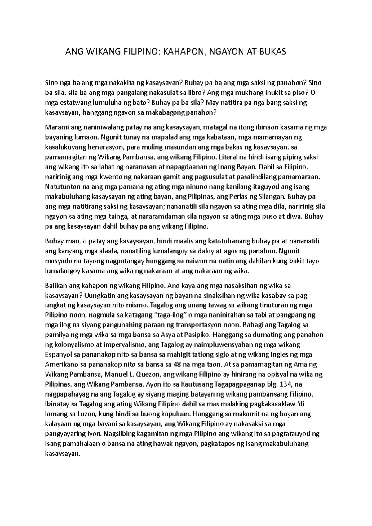 ANG Wikang Filipino - ANG WIKANG FILIPINO: KAHAPON, NGAYON AT BUKAS ...
