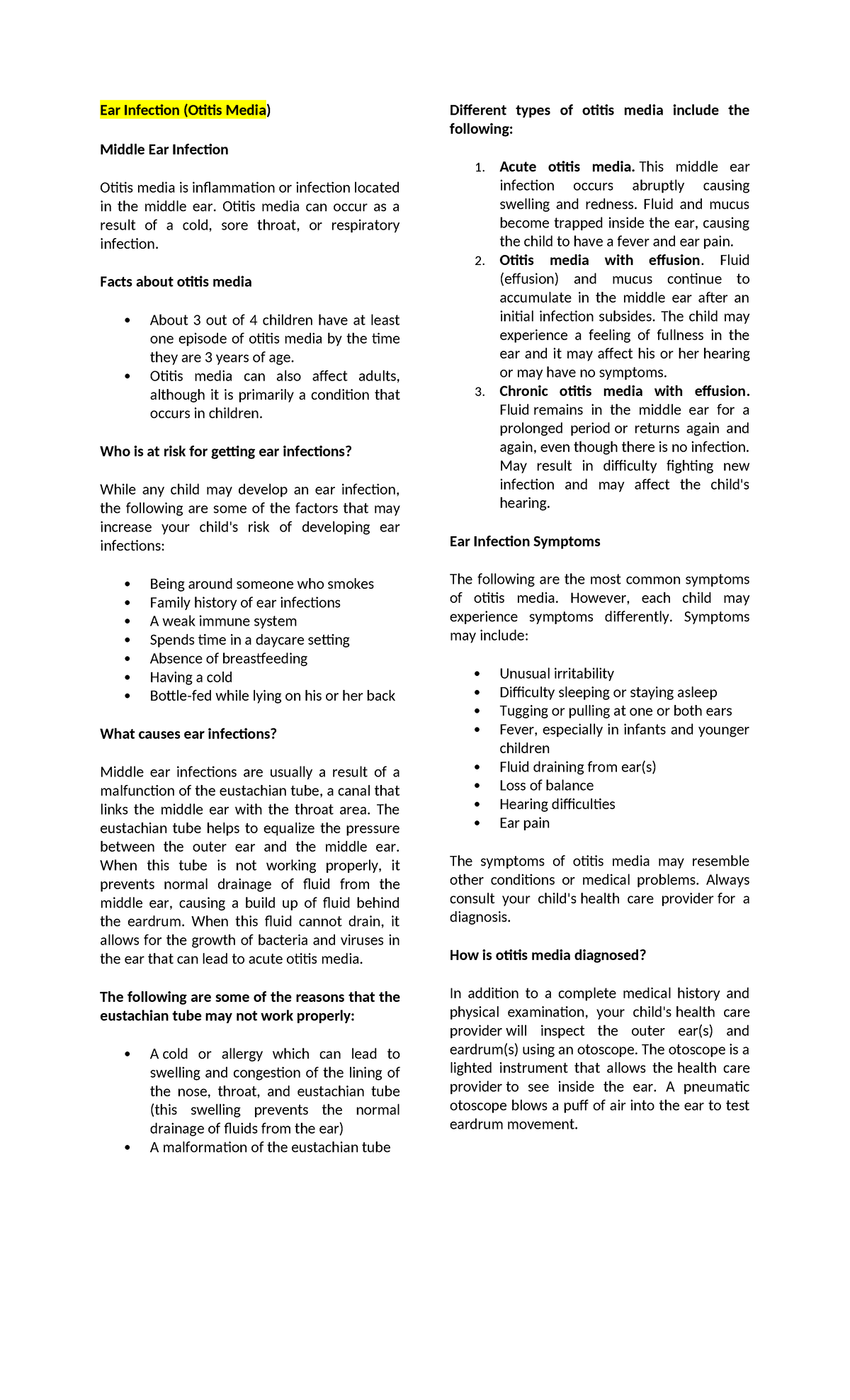 2nd sem finals Reviewer - Ear Infection (Otitis Media) Middle Ear ...