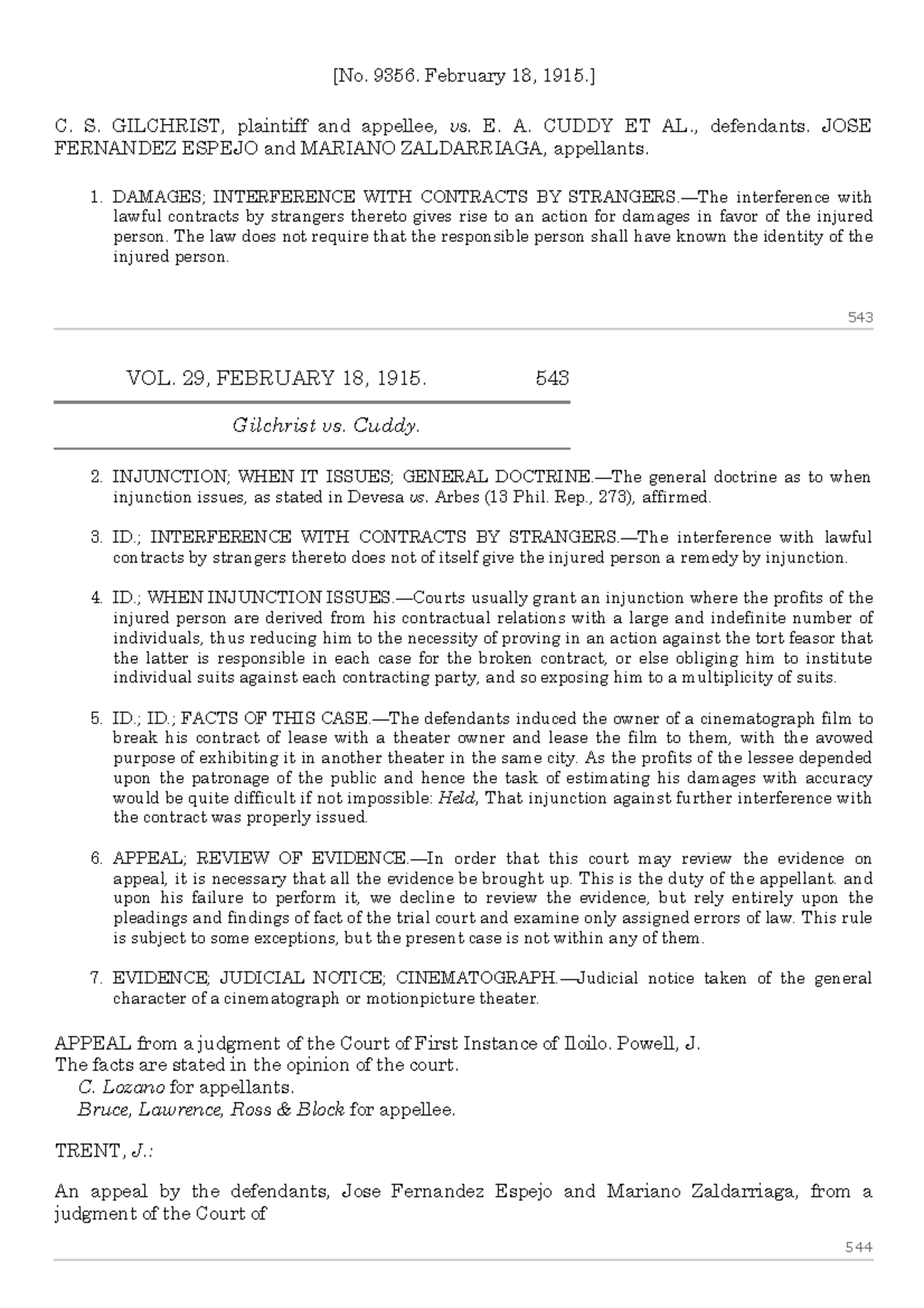 Gilchrist vs. Cuddy, 29 Phil. 542, February 18, 1915 - [No. 9356 ...