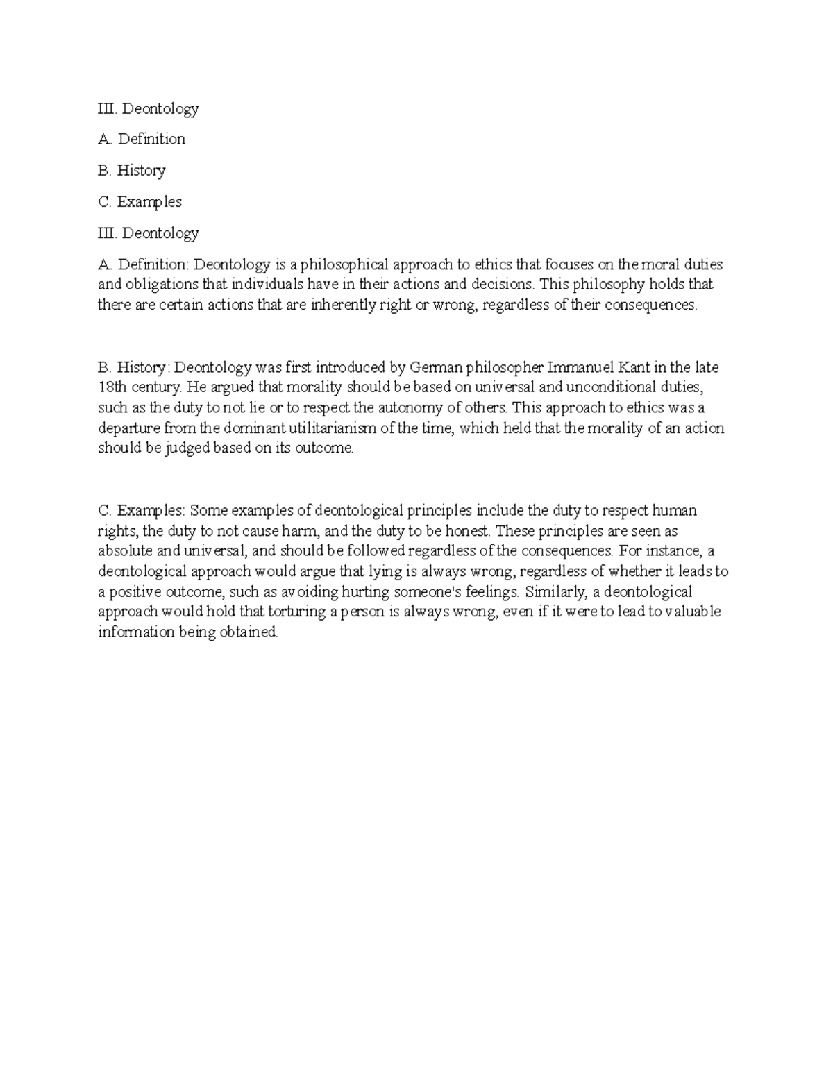 Major ethics theories 3 - III. Deontology A. Definition B. History C ...