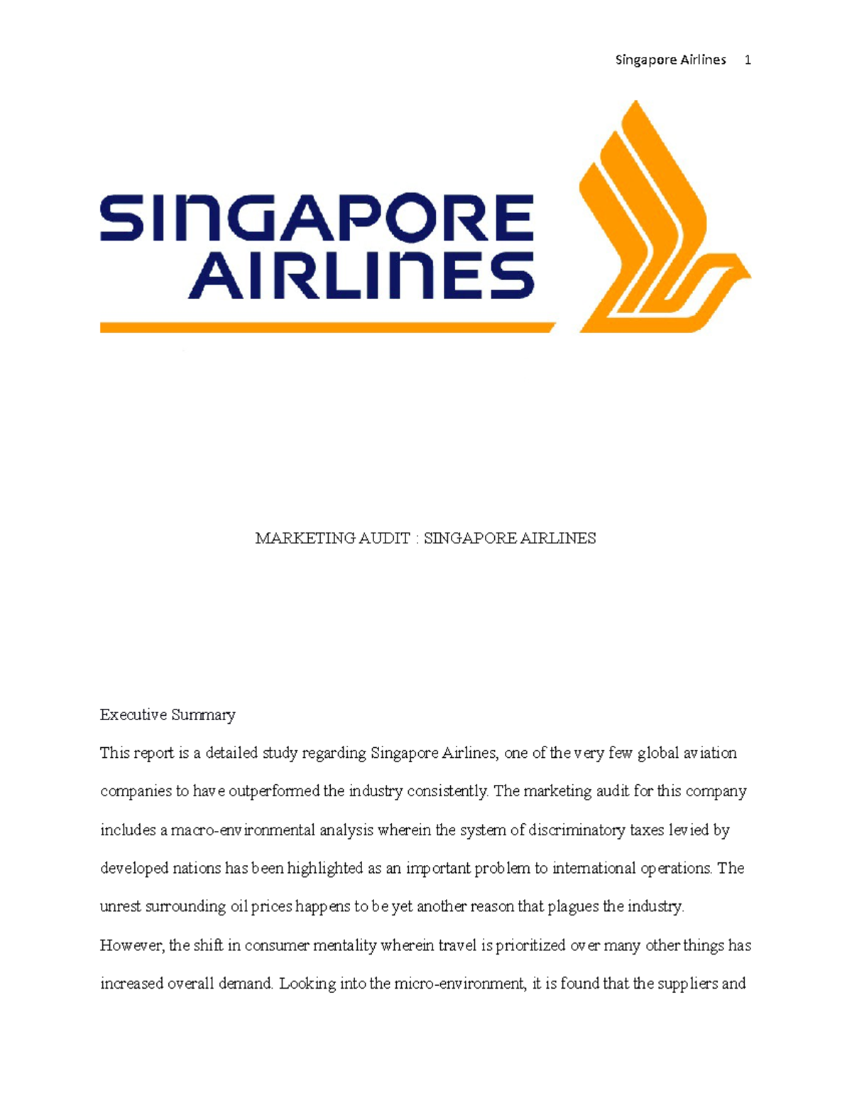 Individual Report - Marketing Audit - MARKETING AUDIT : SINGAPORE ...