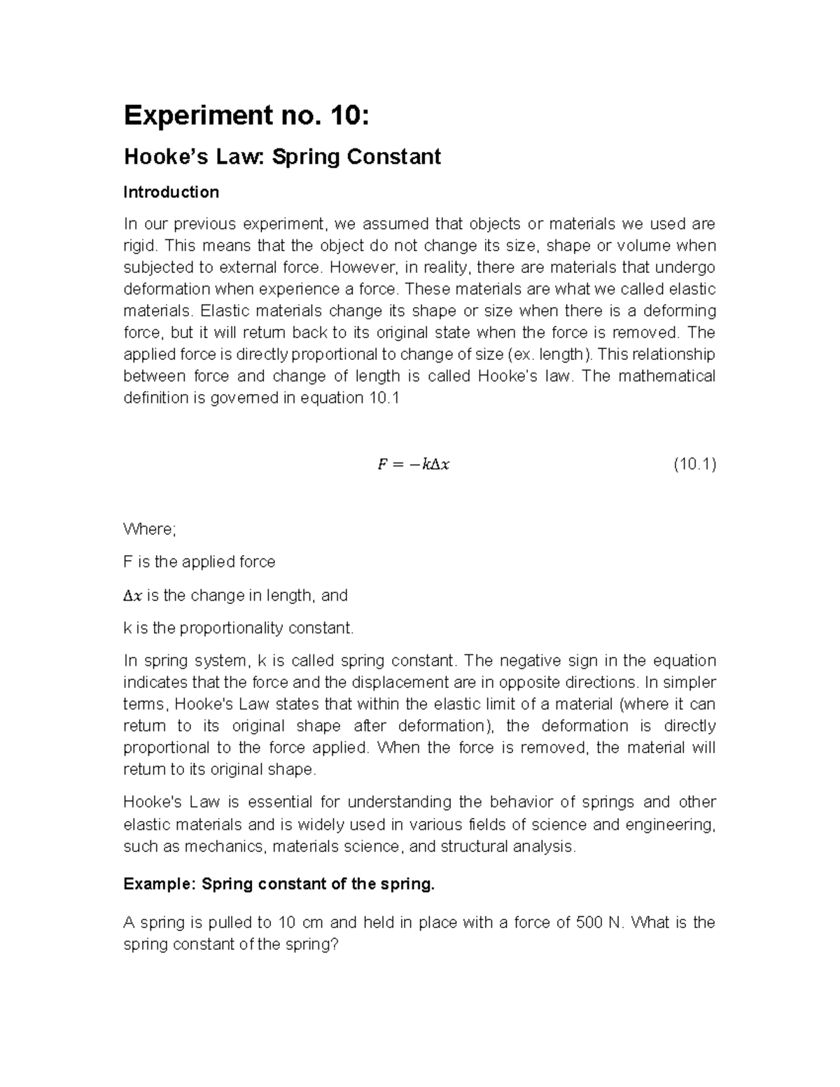 Experiment-10 - FOR EXPERIMENTATION - Experiment no. 10 : Hooke’s Law ...