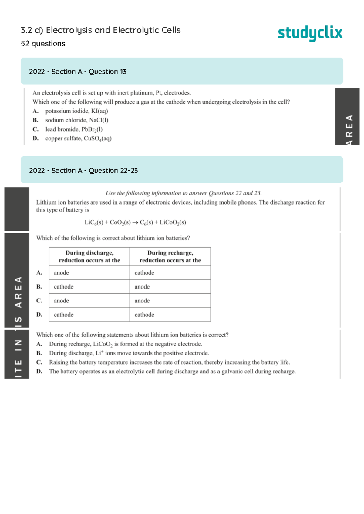 3.2 d) Electrolysis and Electrolytic Cells Questions - 3 d ...