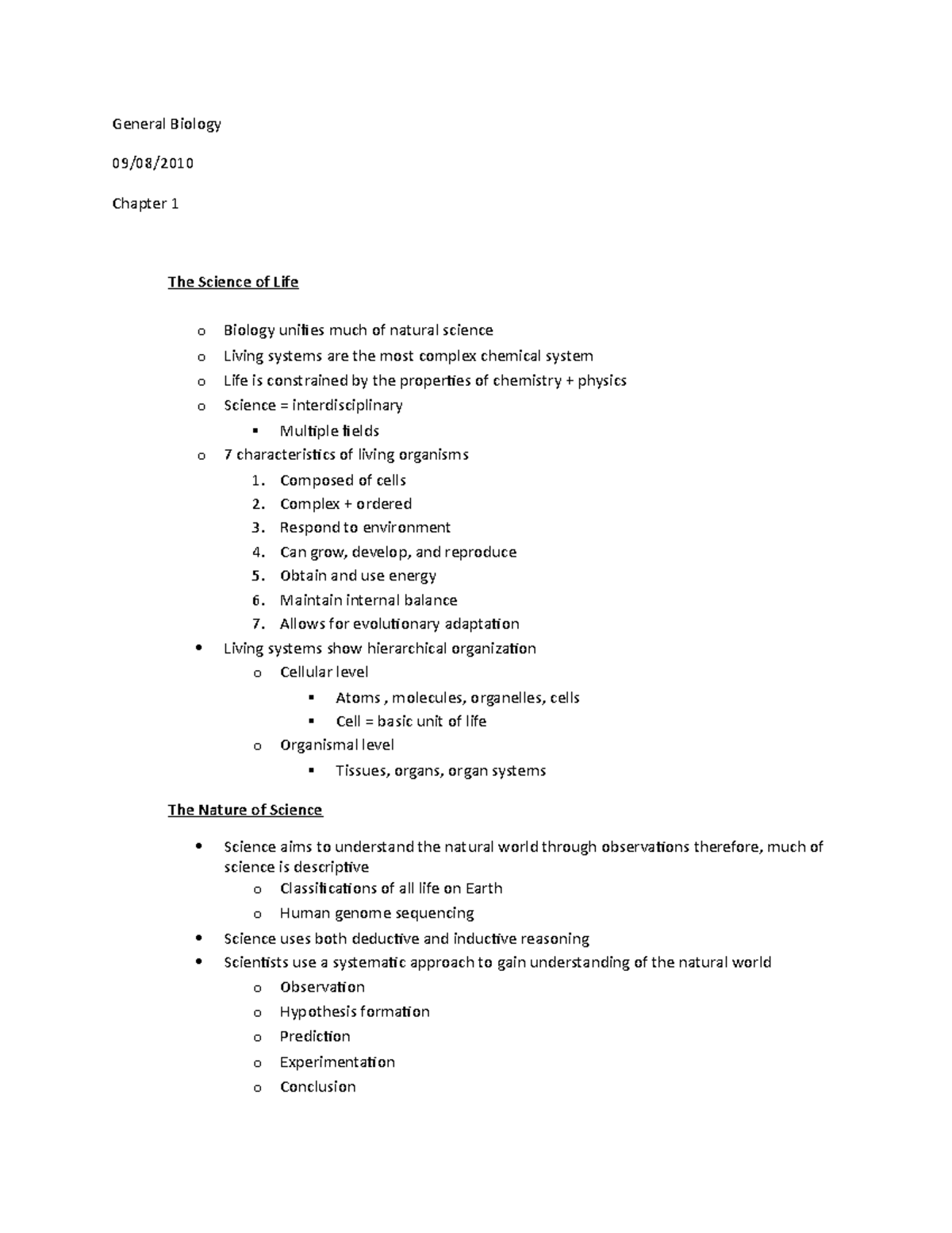Biology Chapter 1 Notes - General Biology 09/08/ Chapter 1 The Science ...