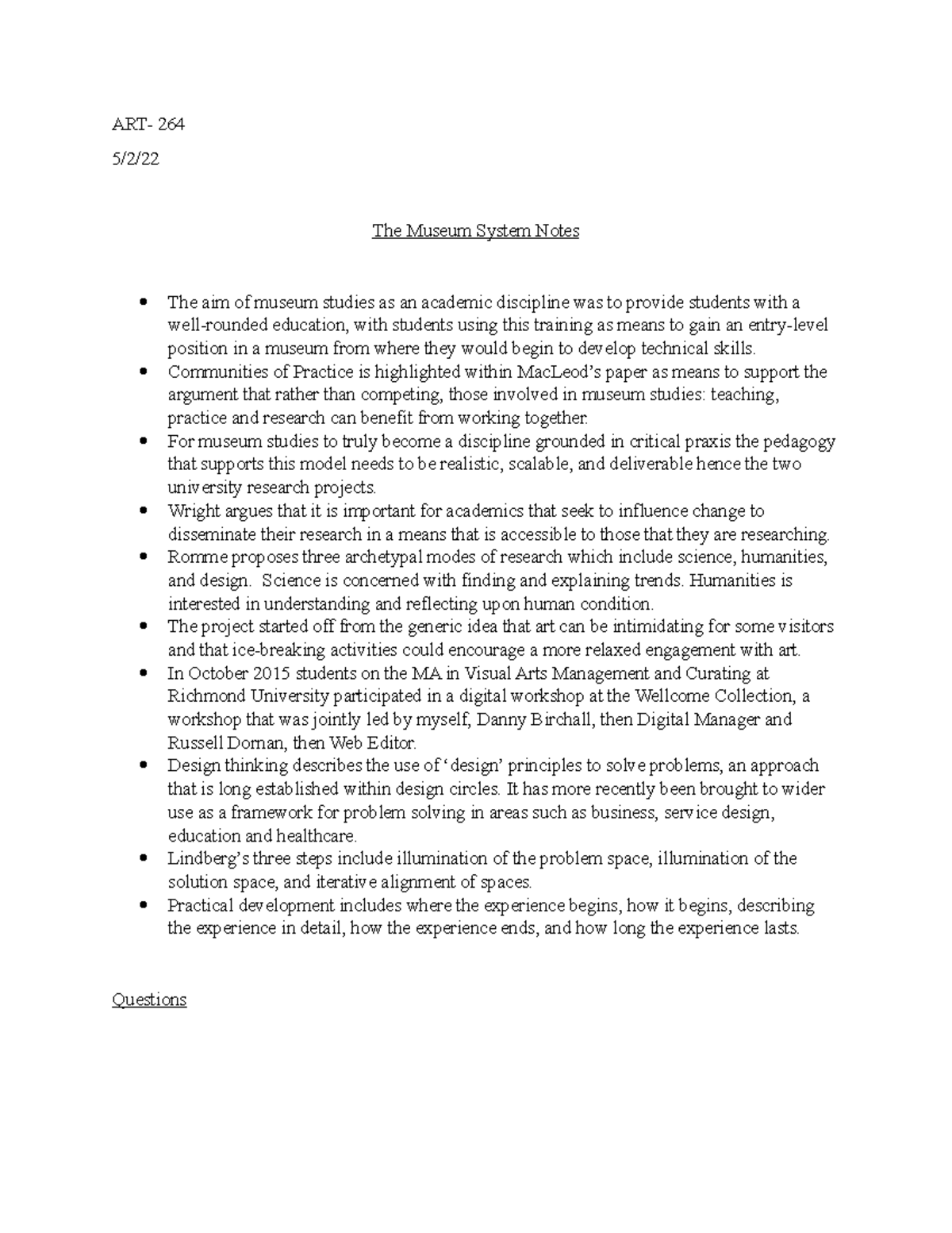 ART 265- Museum Notes and Questions - ART- 264 5/2/ The Museum System ...