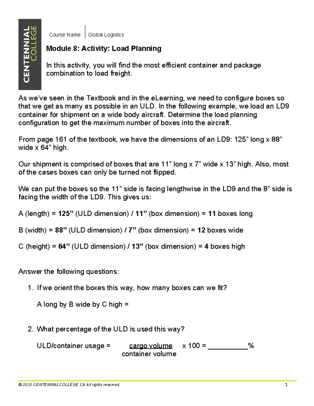 Global Logistics-Mod-08-Activity Load Plan - Course Name: Global ...