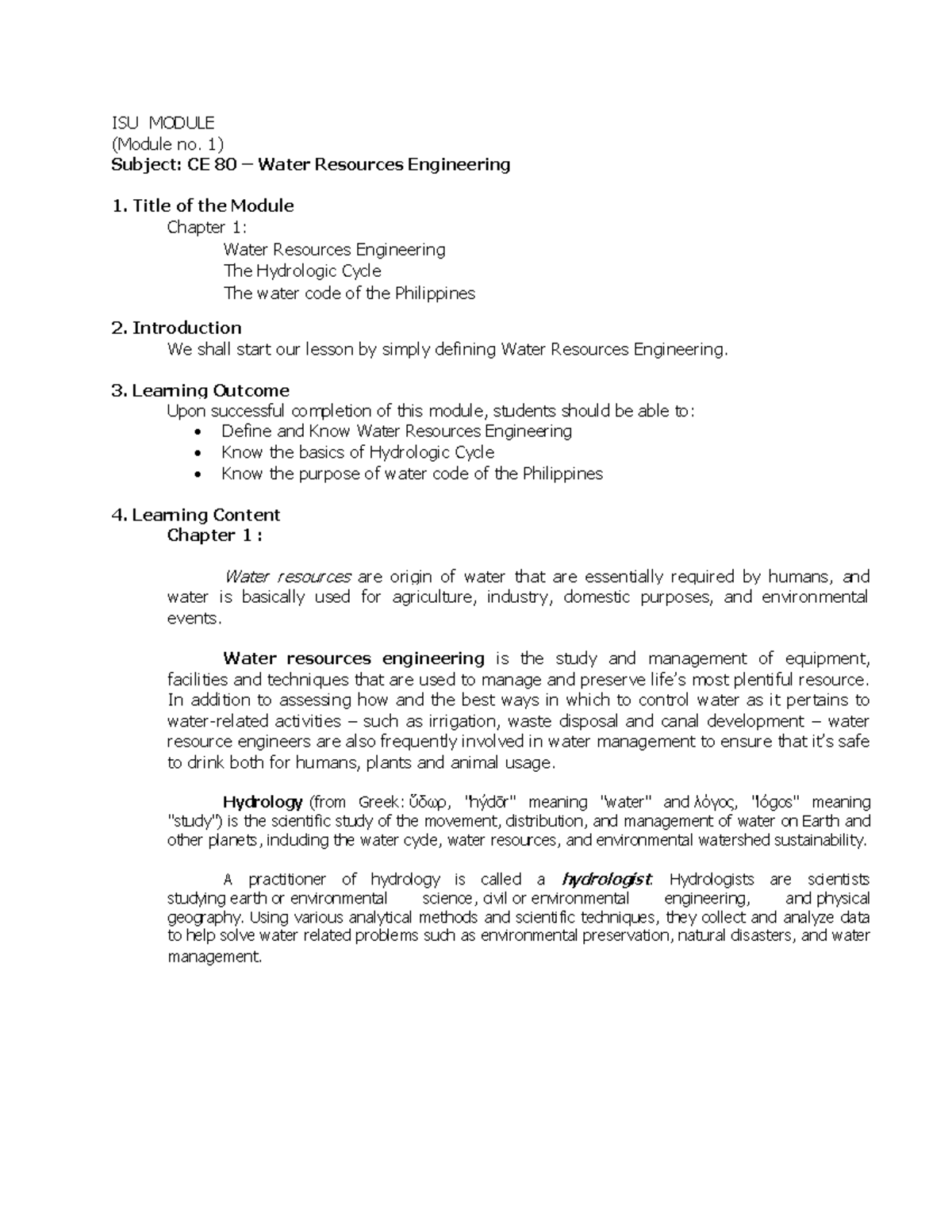 2. Water analysis for CE - ISU MODULE (Module no. 1) Subject: CE 80 ...