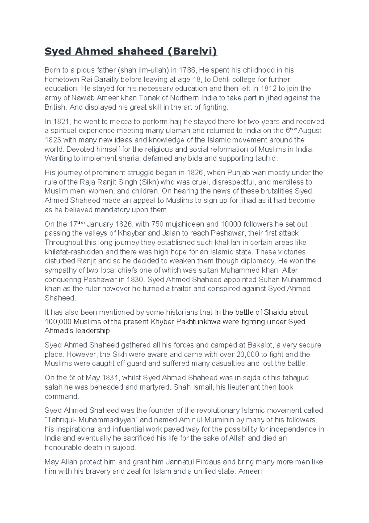 Syed Ahmed Shaheed - Biography of the great scholars of Islam ...