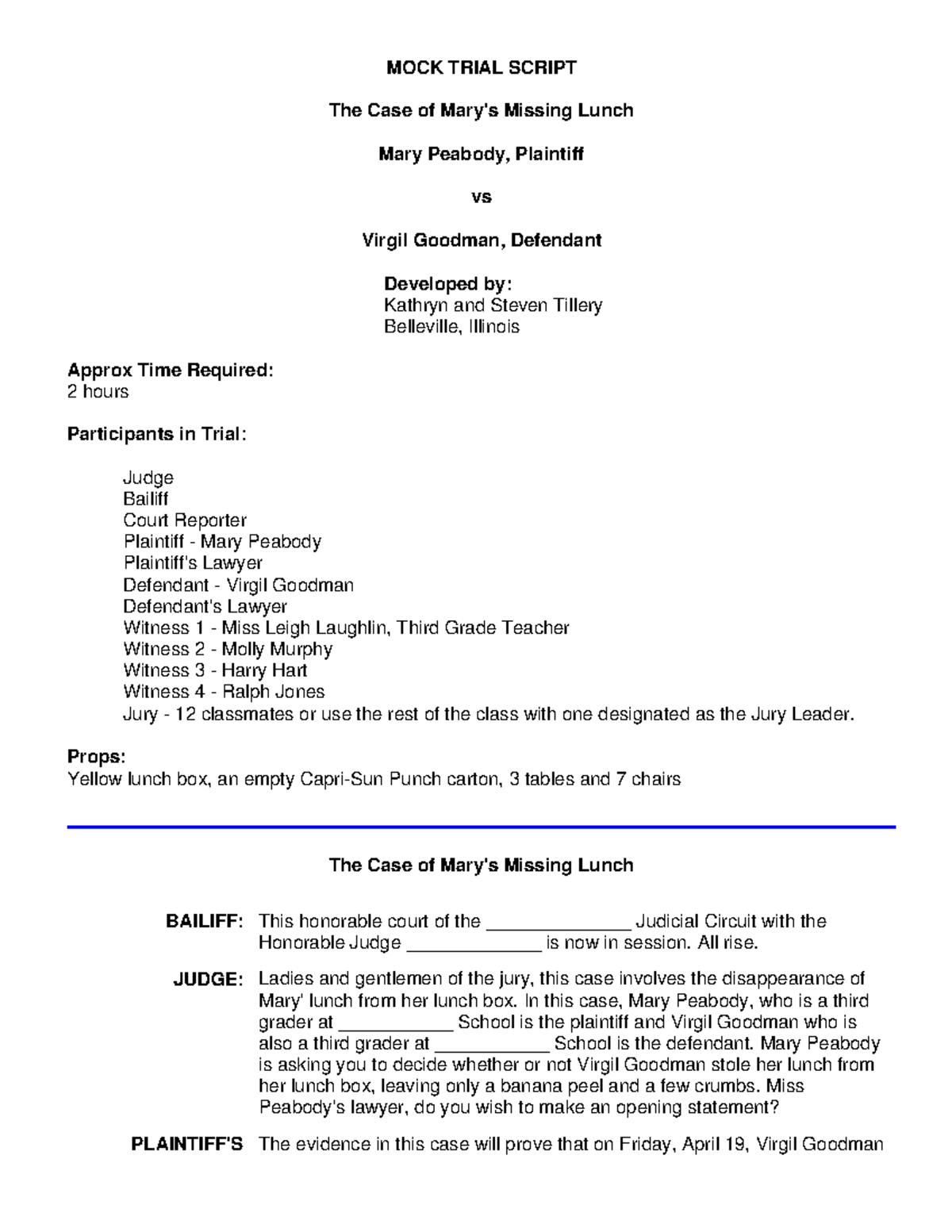 The Case of Marys Missing Lunch (PDF) - MOCK TRIAL SCRIPT The Case of ...