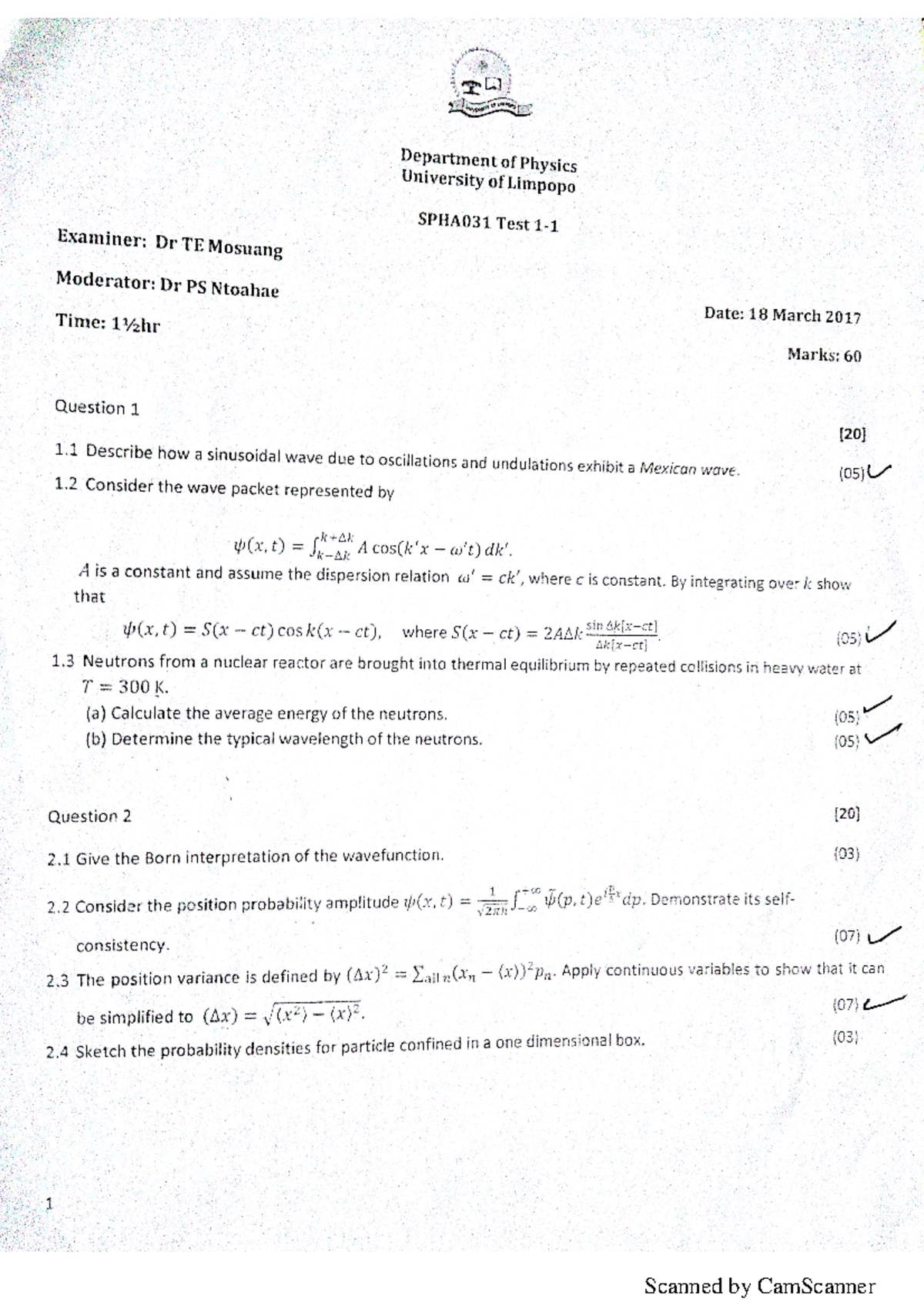2017 test1 (2) spha 031 - Previous question paper - CHEM 110/120 ...