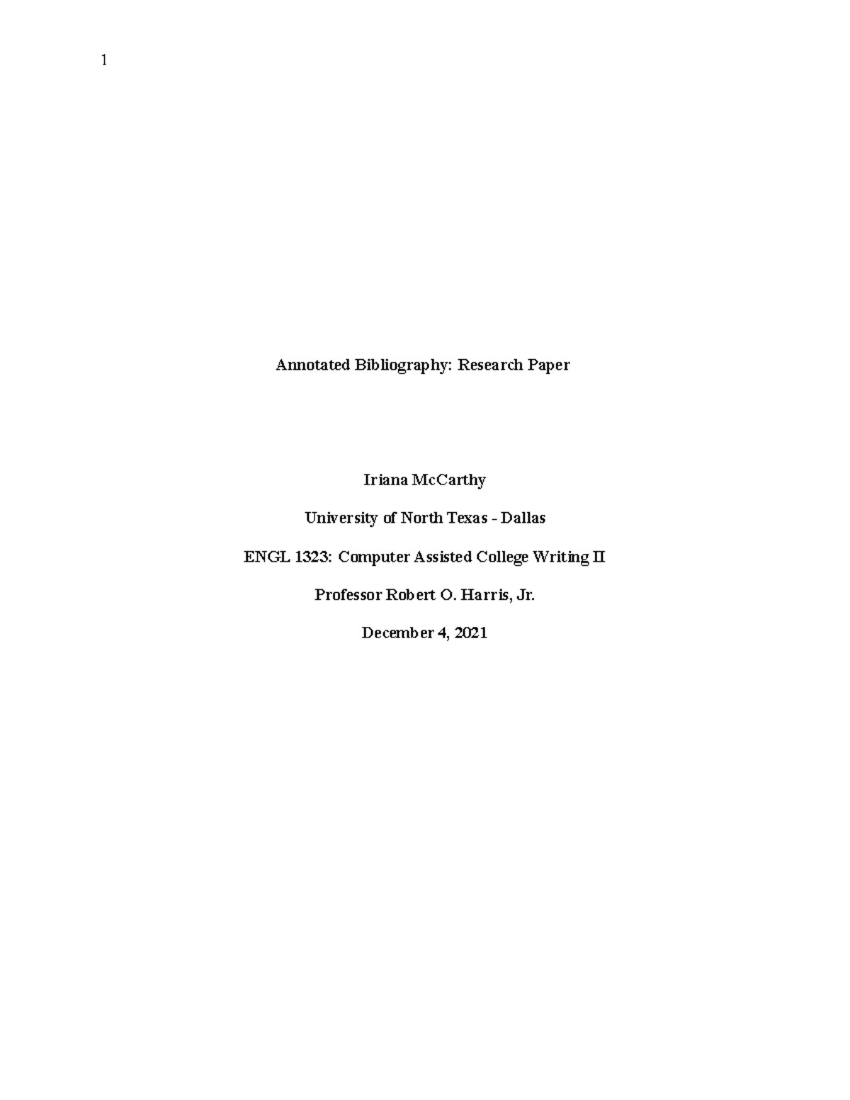 ENGL Annotated Bibligraphy - 1 Annotated Bibliography: Research Paper ...