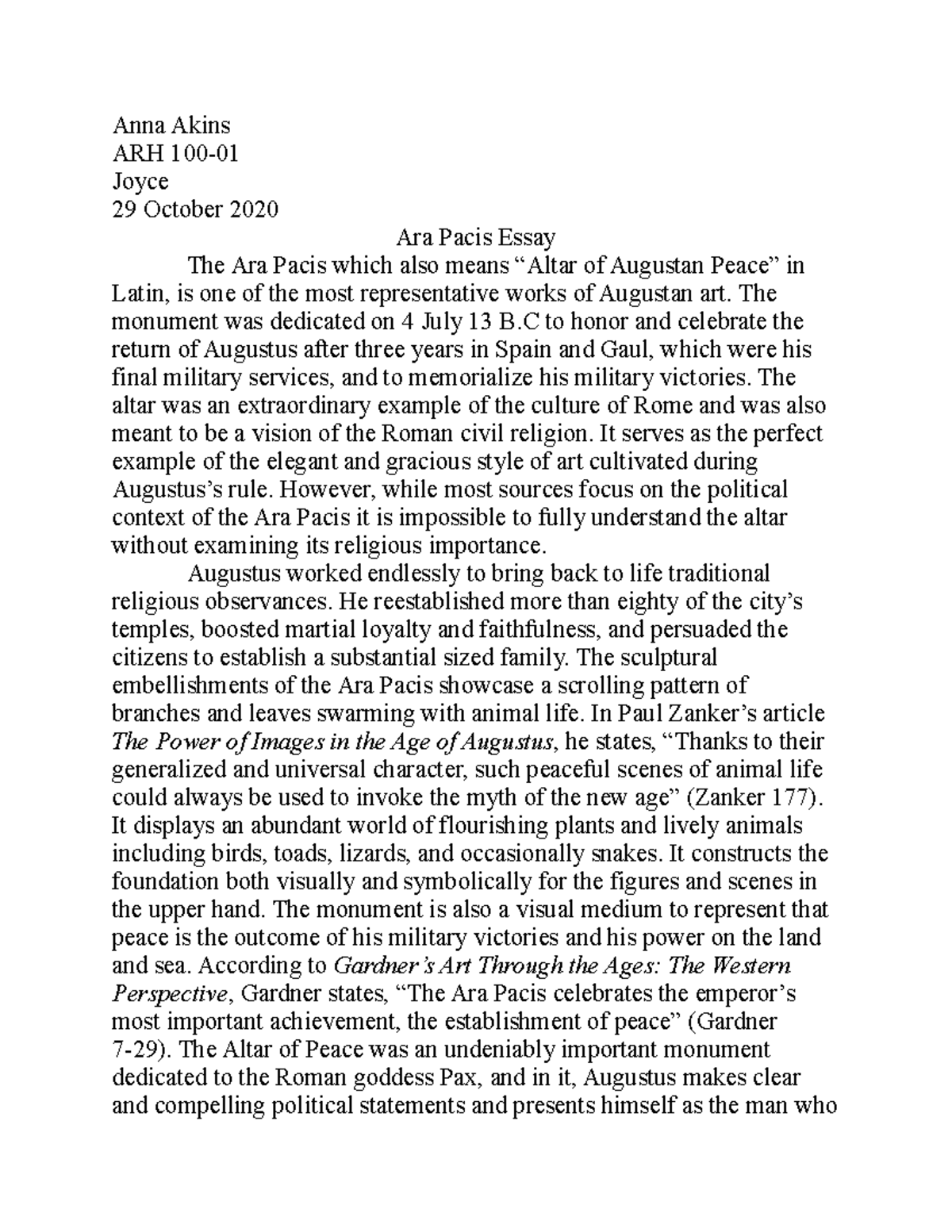 ARH 100-01: Ara Pacis Essay - Anna Akins ARH 100- Joyce 29 October 2020 ...