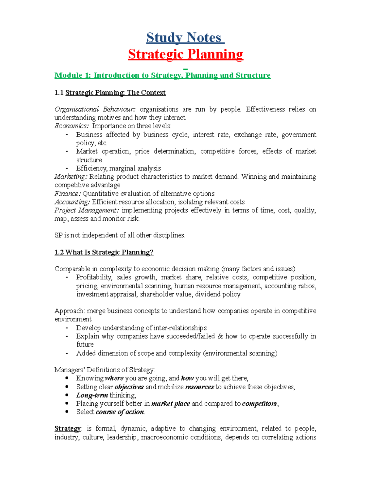Strategic Planning Notes - Study Notes Strategic Planning Module 1 ...