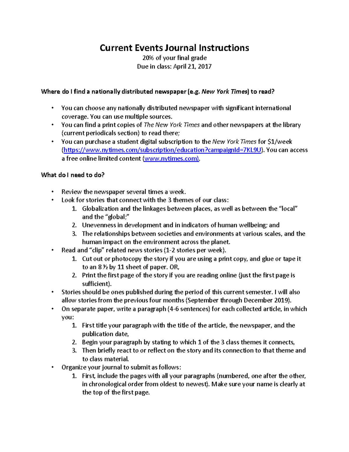 Current Events Journal Instructions 2020 - New York Times ) to read ...