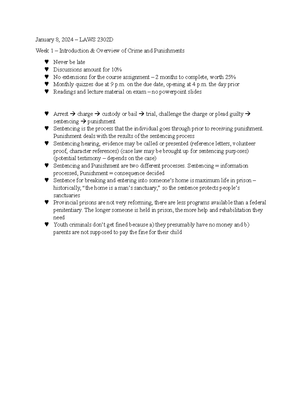 Lecture One Note - January 8, 2024 – LAWS 2302D Week 1 – Introduction ...