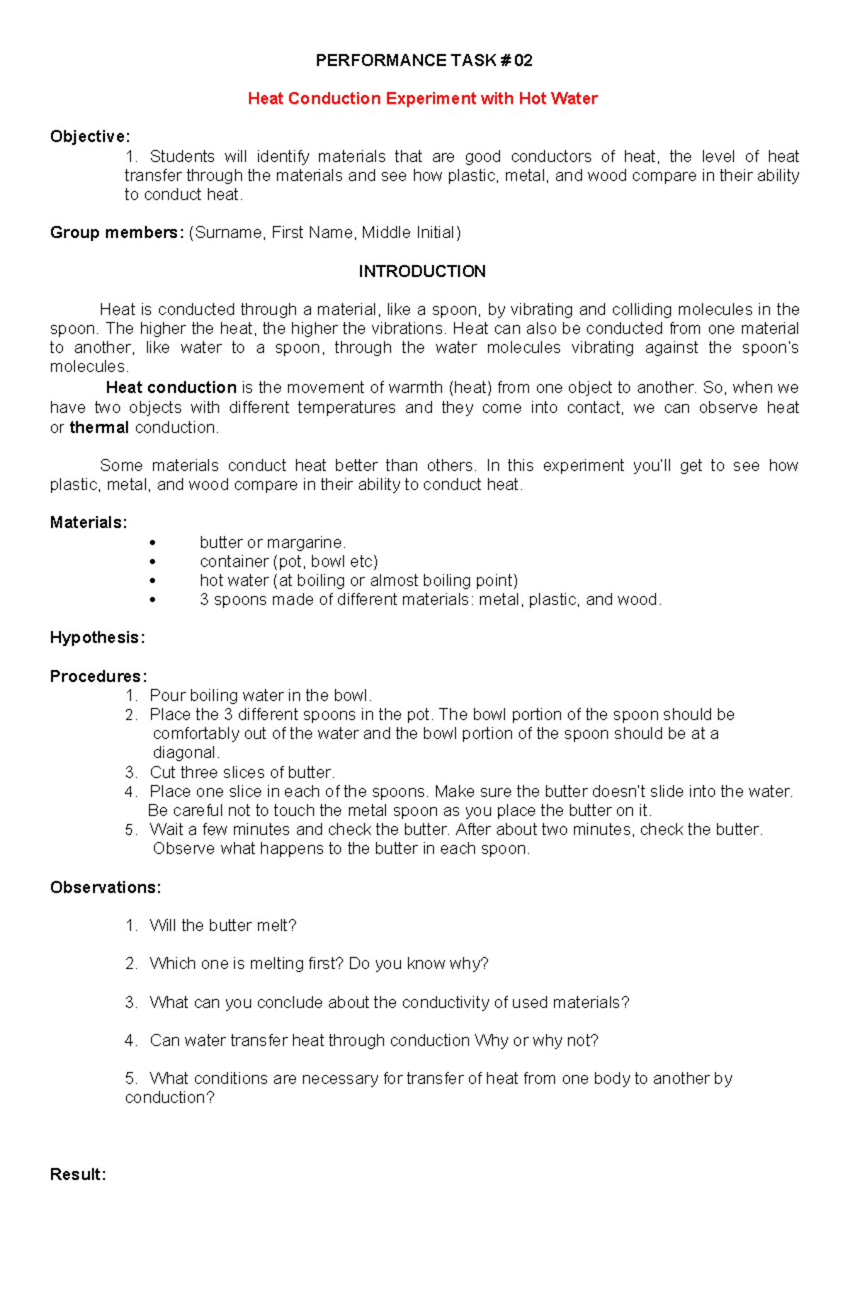 Q1 PT 2 Heat Conduction Experiment with Hot Water - PERFORMANCE TASK ...