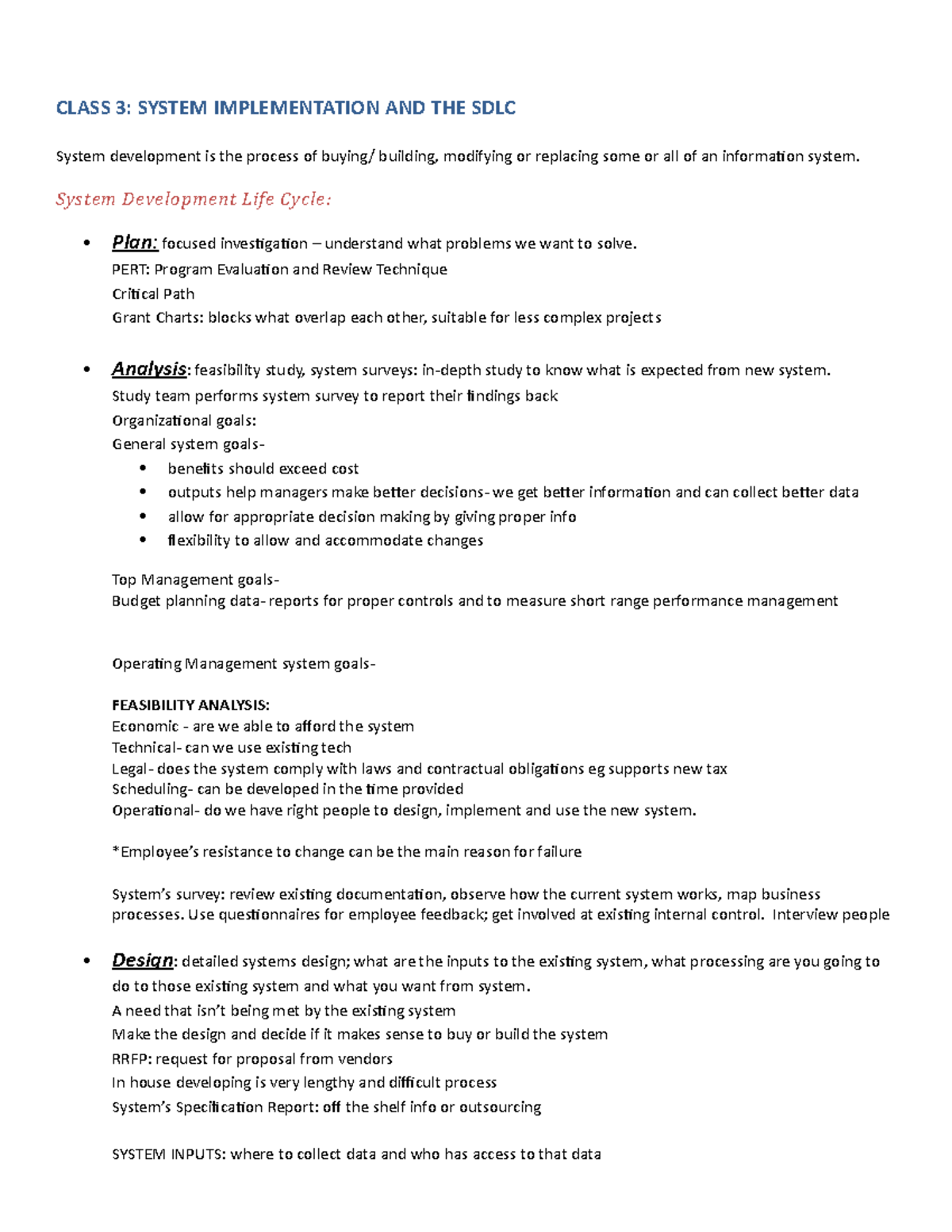 Class 3 - CLASS 3: SYSTEM IMPLEMENTATION AND THE SDLC System ...