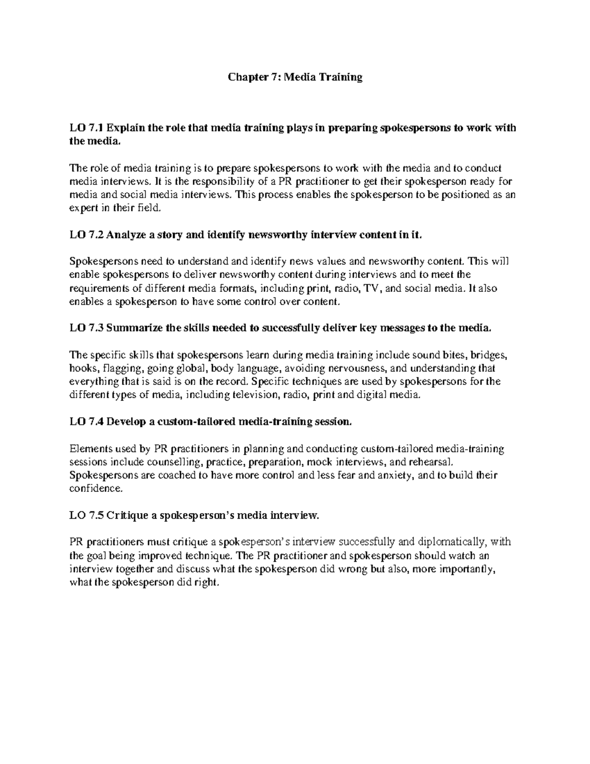 PRLN 1150 chapter 7 lecture note - Chapter 7: Media Training LO 7 ...