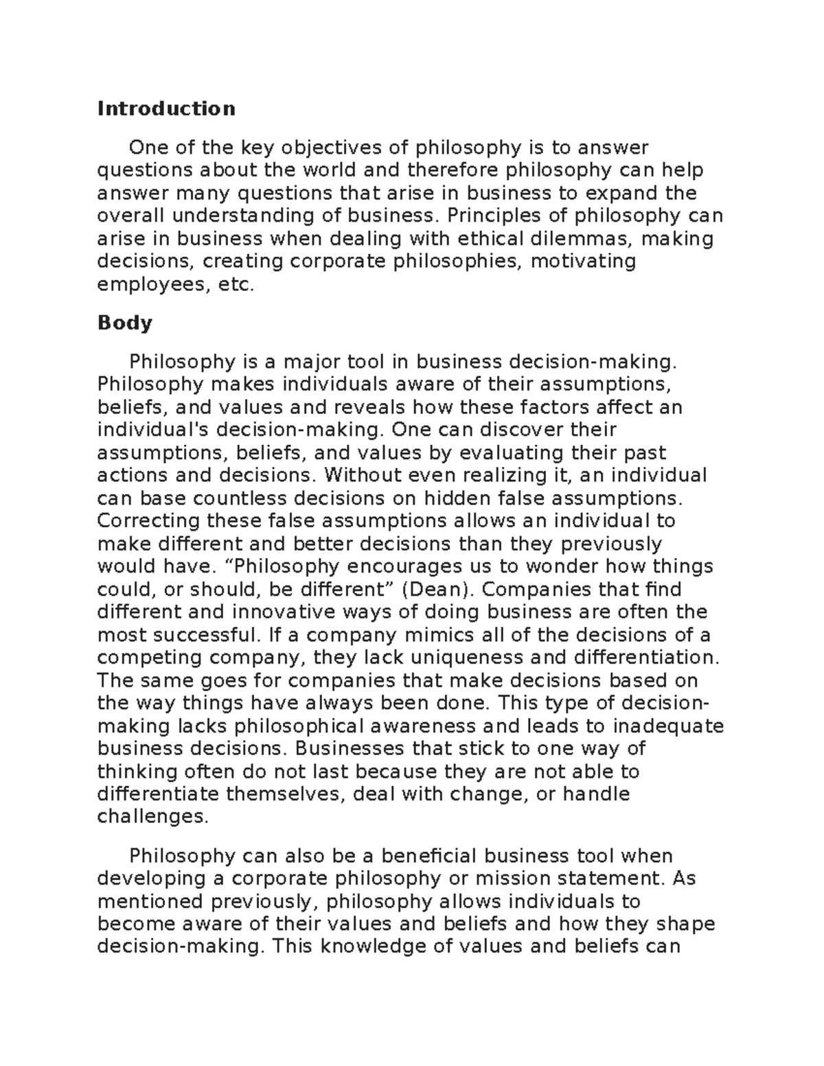 Philosophy in business - Introduction One of the key objectives of ...