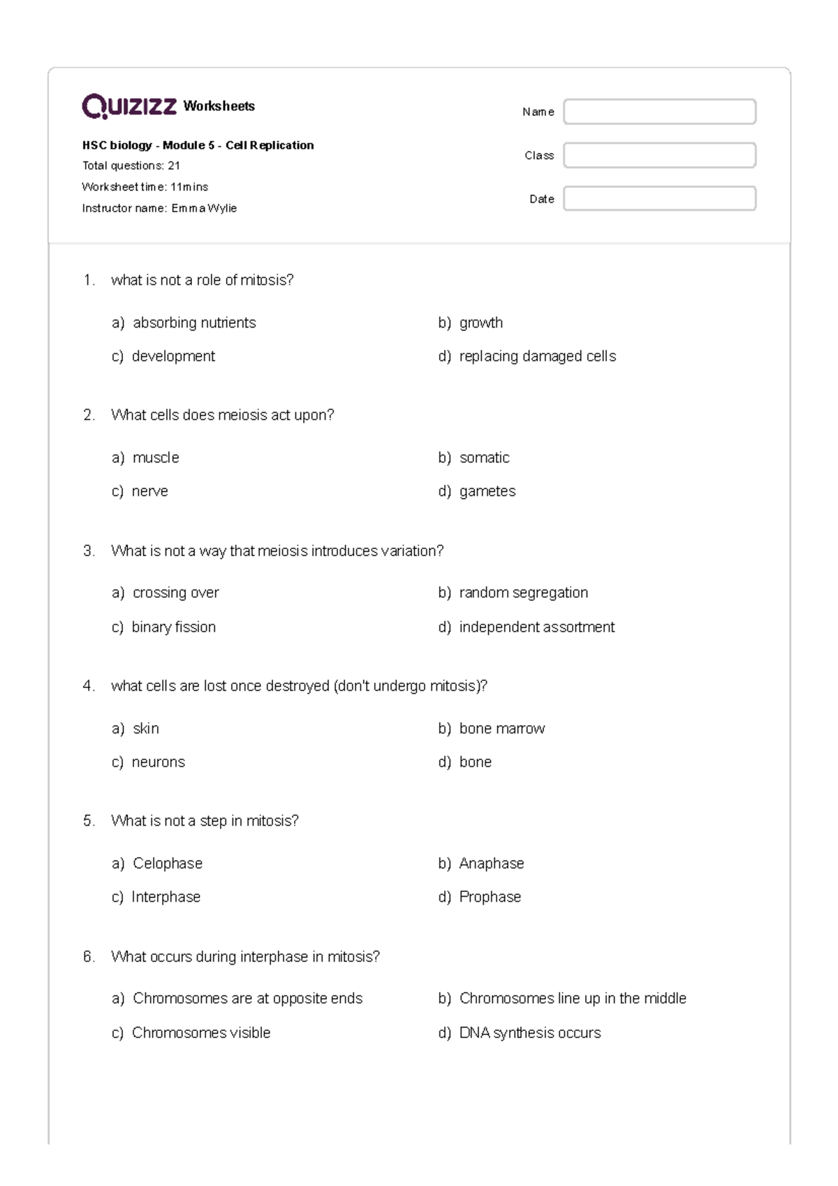 HSC Biology Module 5 IQ2 Quizizz - Worksheets HSC biology - Module 5 ...