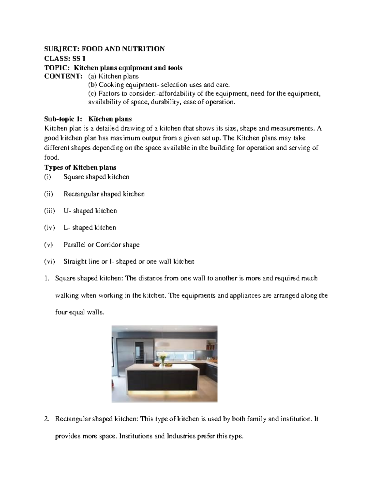 7792 week 6 kitchen plan and tools - SUBJECT: FOOD AND NUTRITION CLASS ...