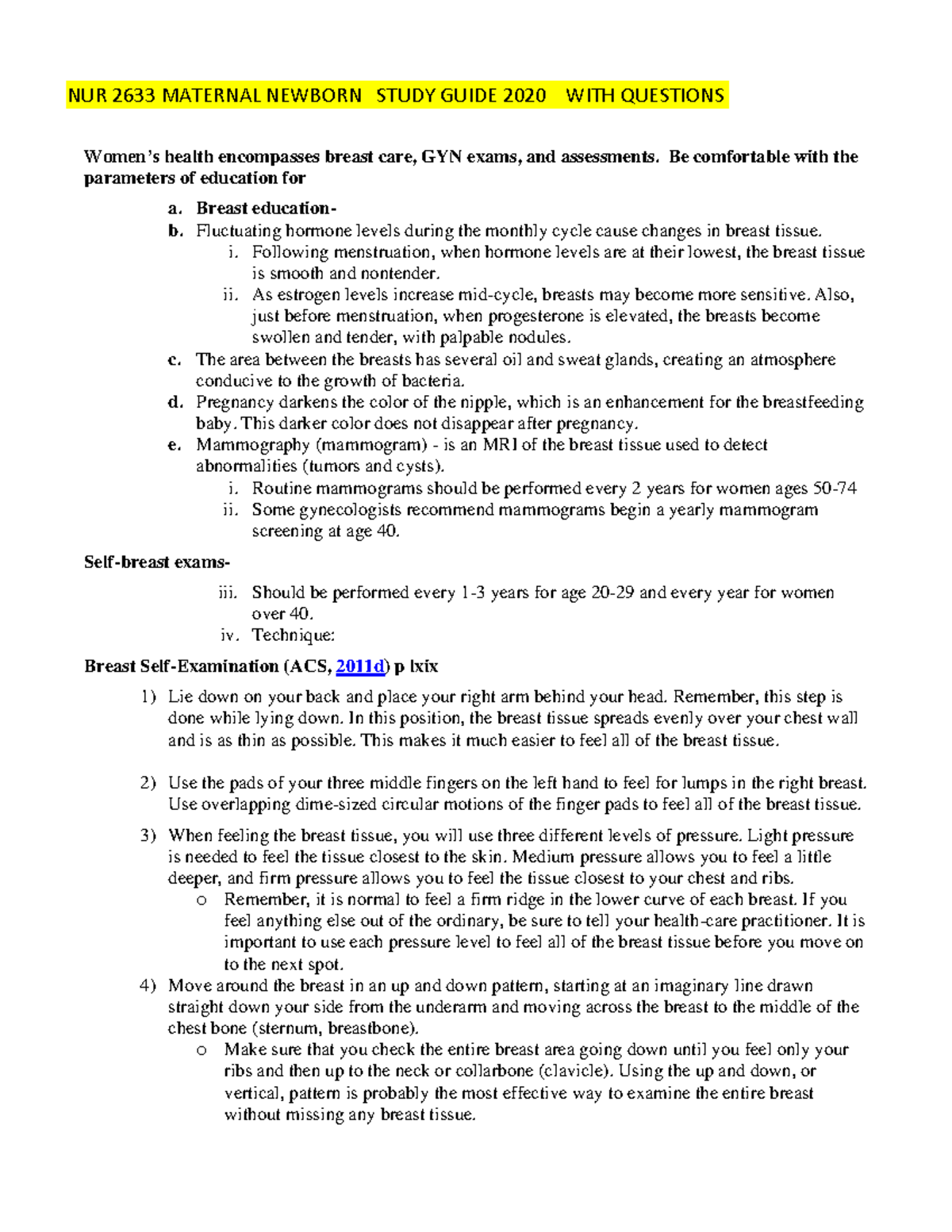 NUR 2633 Maternal Newborn Study Guide 2020 WITH Questions - NUR 2633 MATERNAL NEWBORN STUDY ...