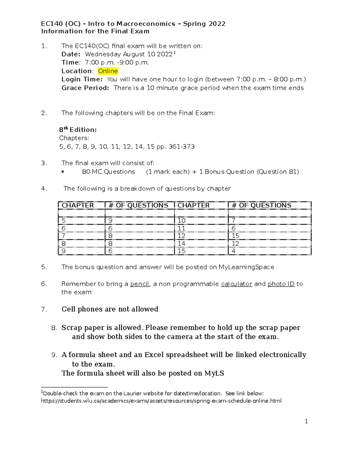 EC140 OC - Final Exam Info S2022 - Information for the Final Exam 1 ...