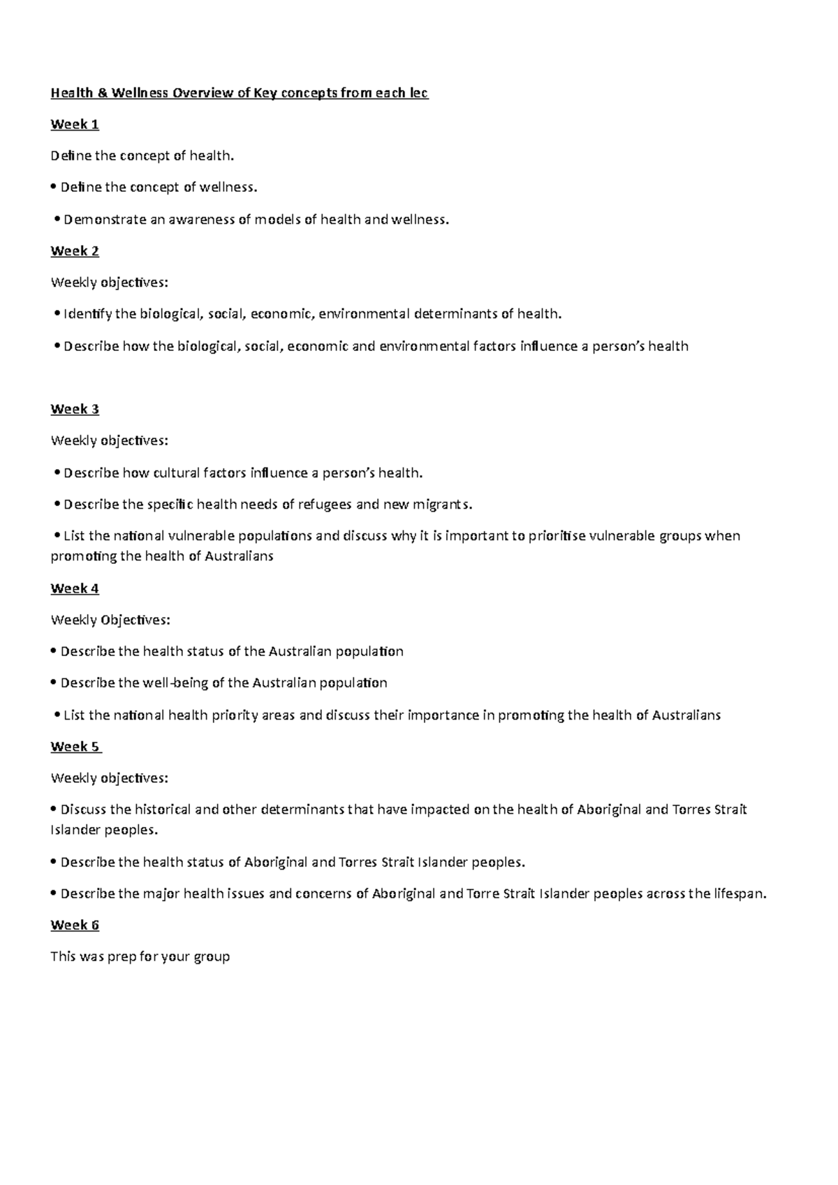 Health & Wellness notes point form for each lecture 2021 - Health ...