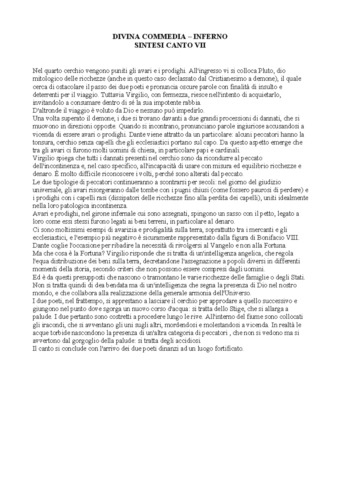 Divina Commedia – Inferno Sintesi Canto VII - Letteratura italiana - L ...