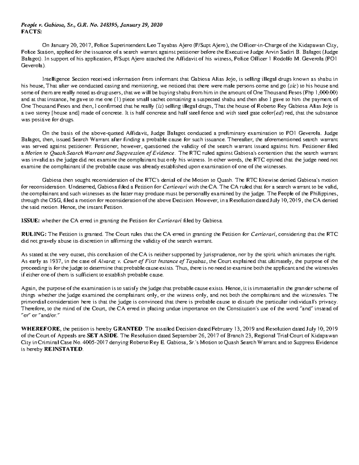 Consti 2 Week 6 Digest People V Gabiosa Sr G No 248395 January 29 2020 Facts On