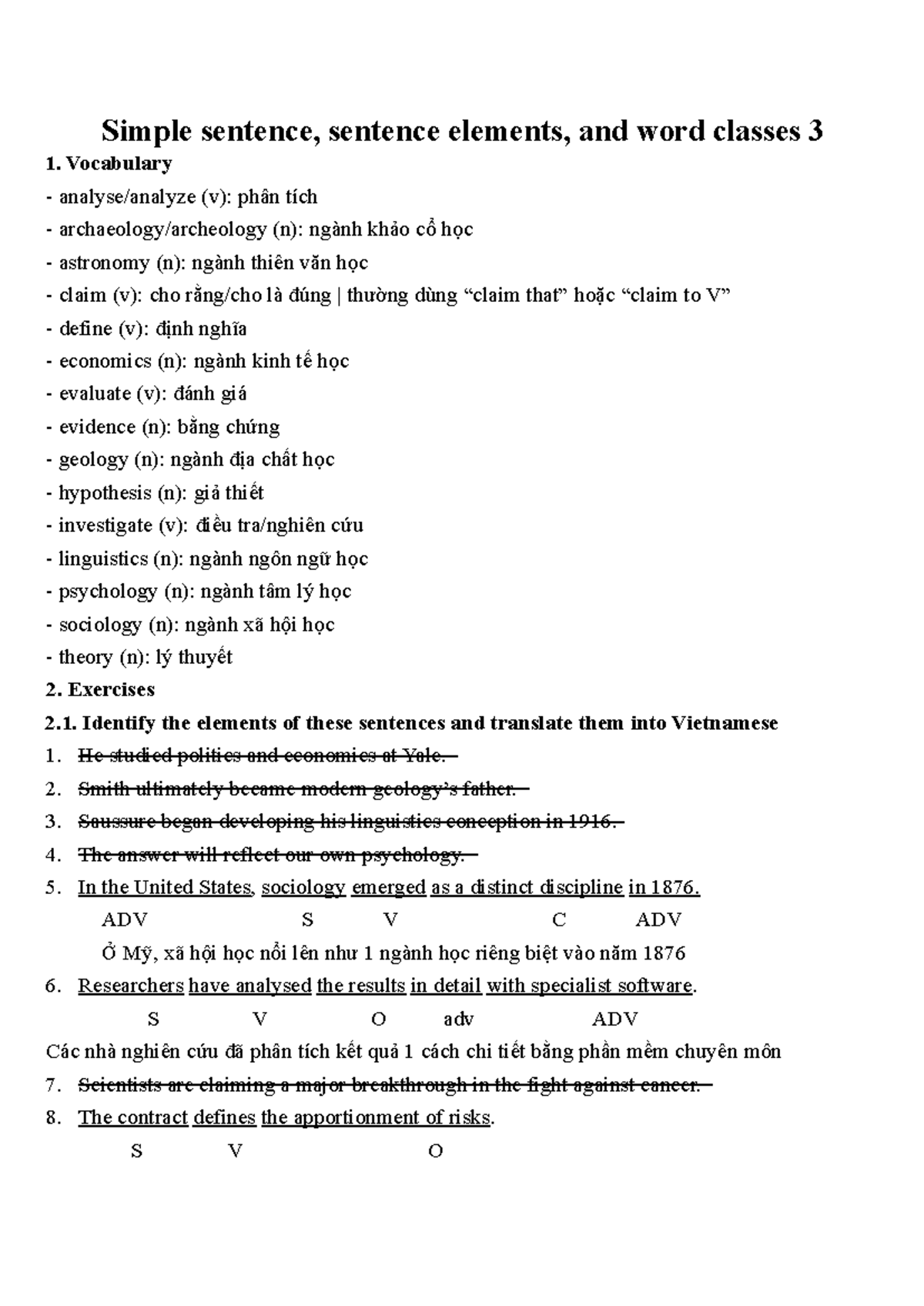 3. Simple sentence, sentence elements, and word classes 3 - Smith ...