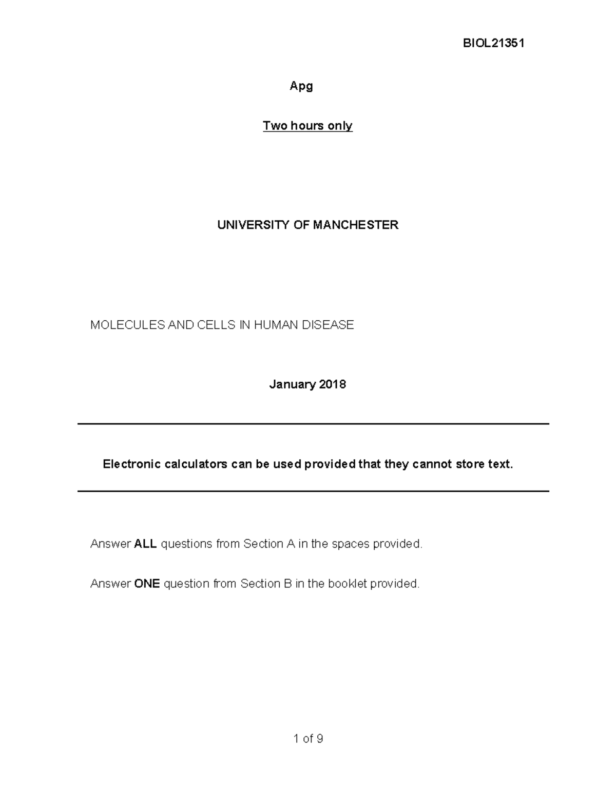 2018 exam paper - Apg Two hours only UNIVERSITY OF MANCHESTER MOLECULES ...