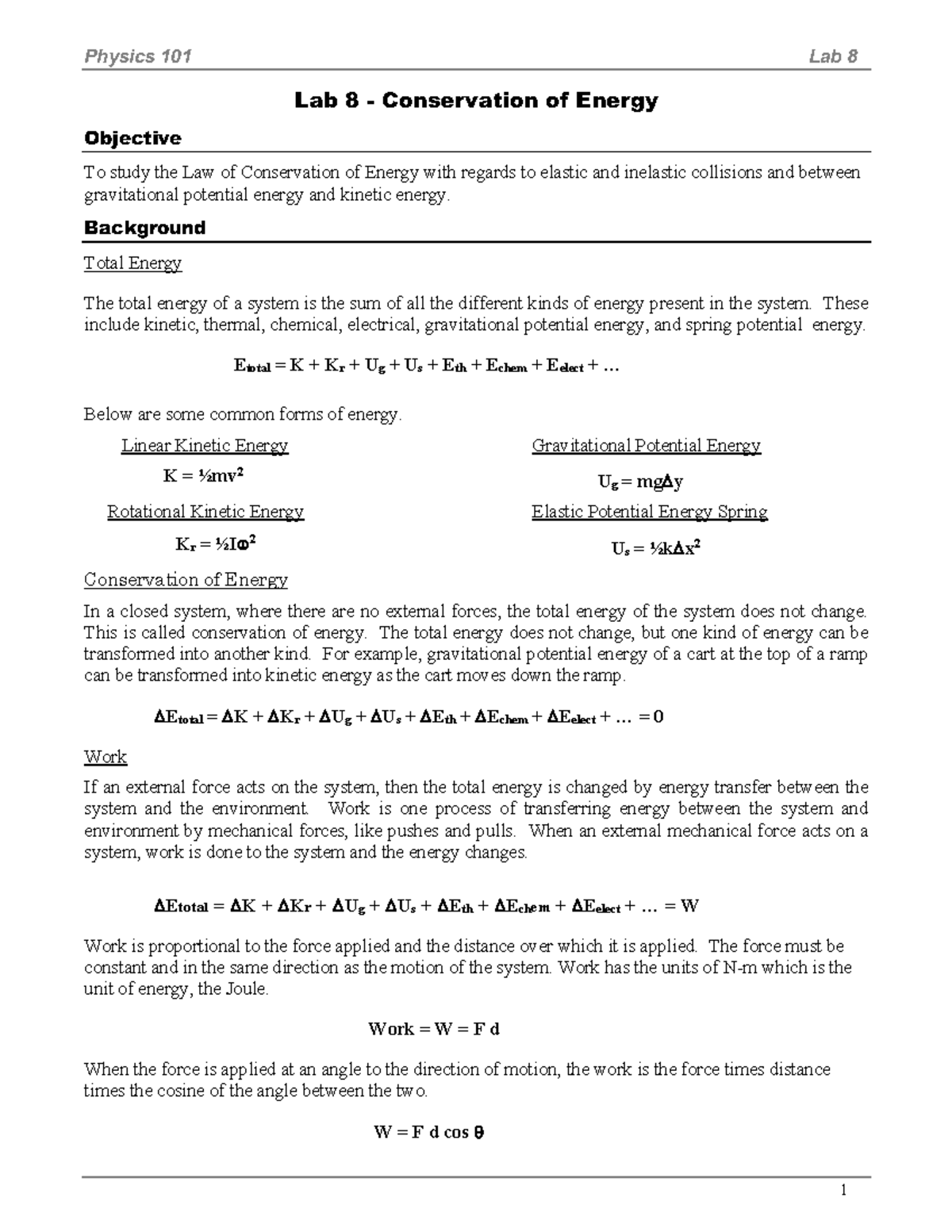 Phys 101 Lab 8 post Conservation of Energy Online Lab completed ...