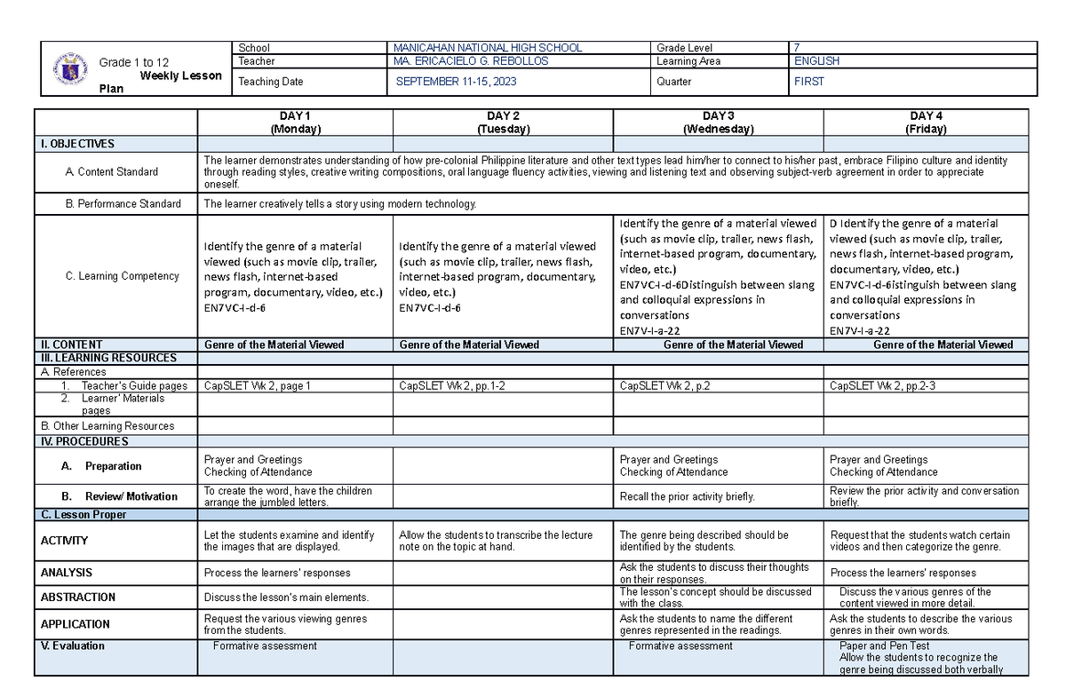 DLL-WLP-SEPT - DLL - Grade 1 to 12 Weekly Lesson Plan School MANICAHAN ...
