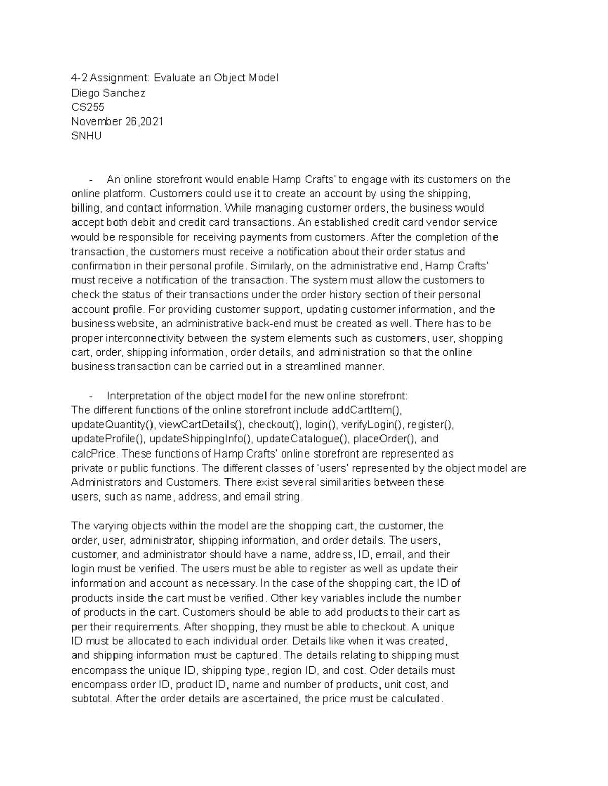 Cs 255 Evaluate An Object Model 4 2 Assignment Evaluate An Object Model Diego Sanchez Cs