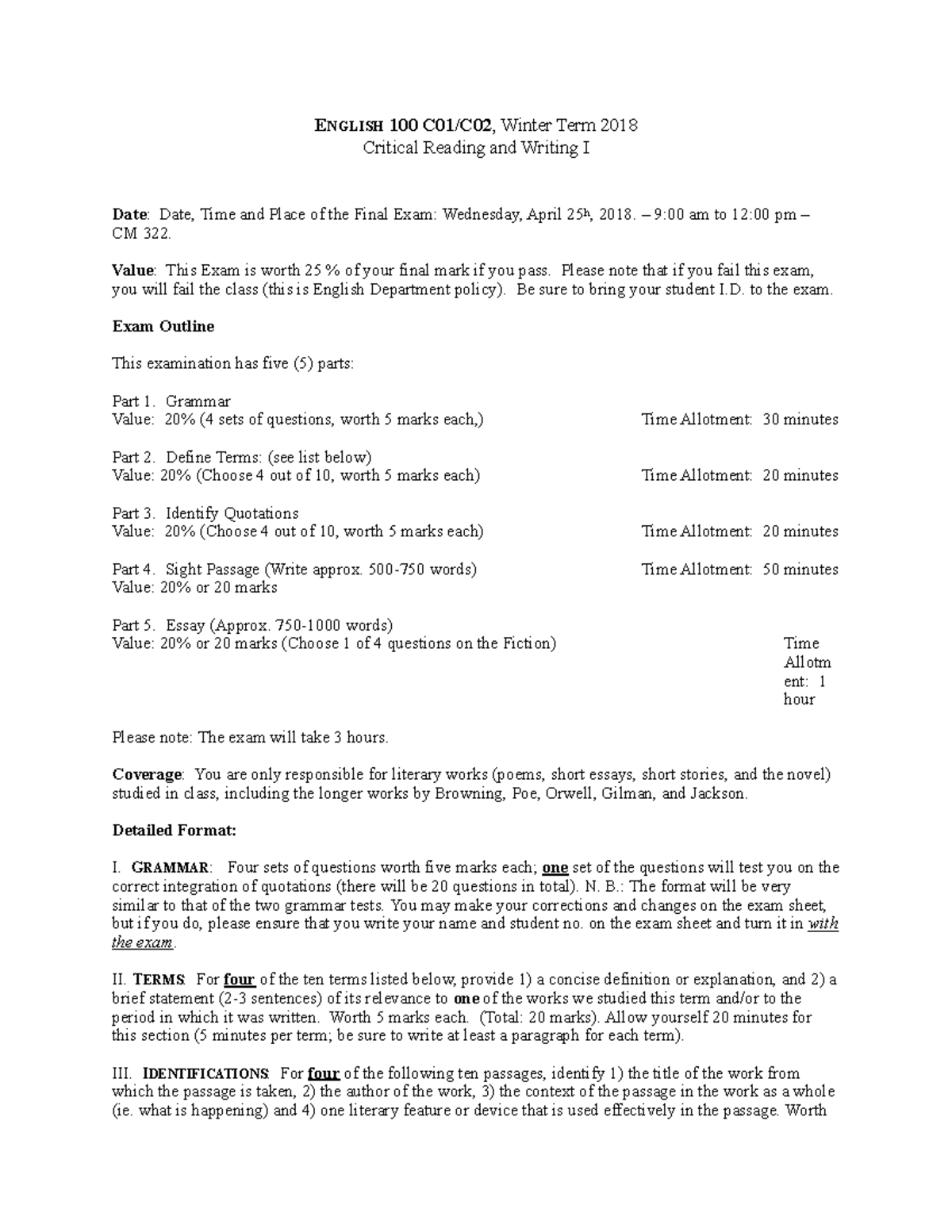 100examout Campion W2018 - ENGLISH 100 C01/C02 , Winter Term 2018 Critical Reading and Writing I ...